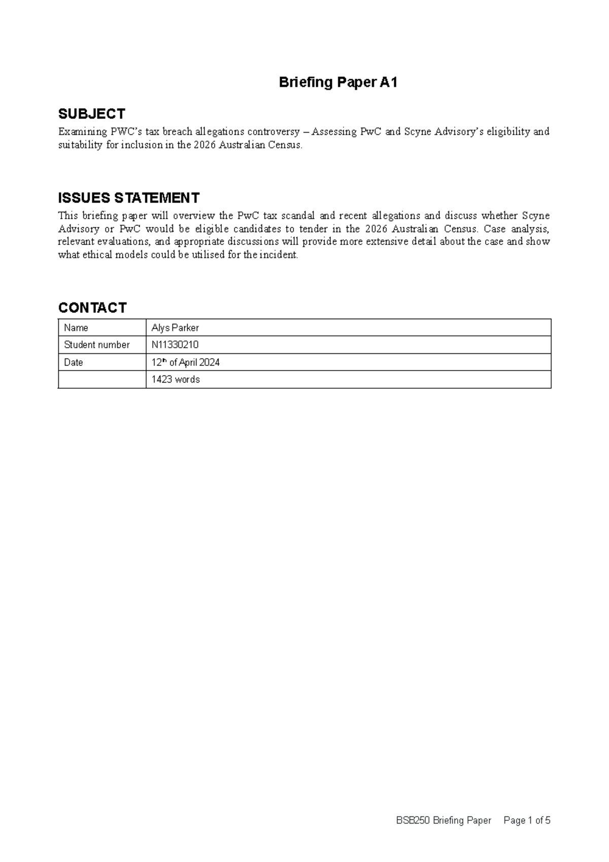 BSB250 A1 Briefing Paper Template - Briefing Paper A SUBJECT Examining ...