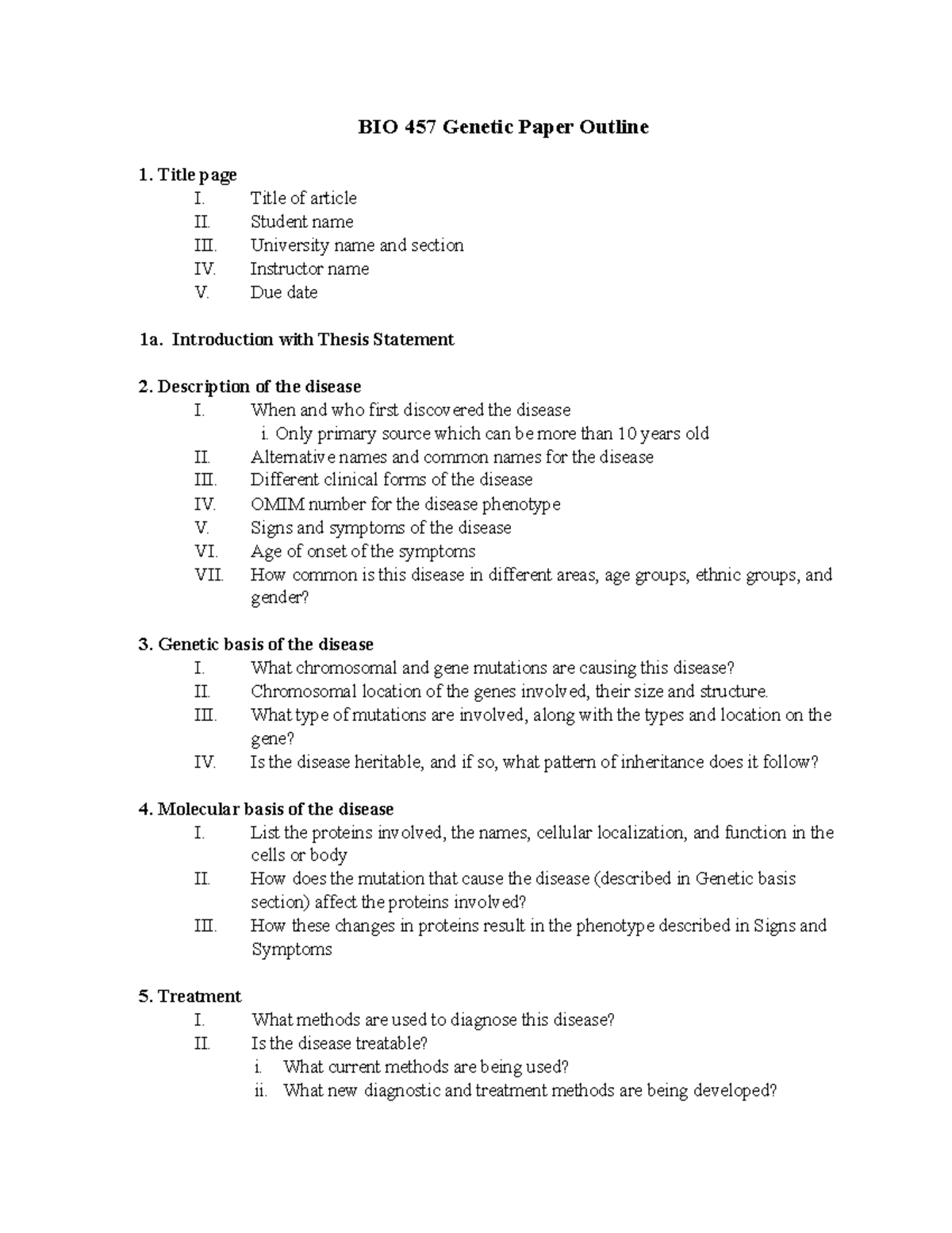 Genetic Paper Outline - Title page I. Title of article II. Student name III. University name and ...