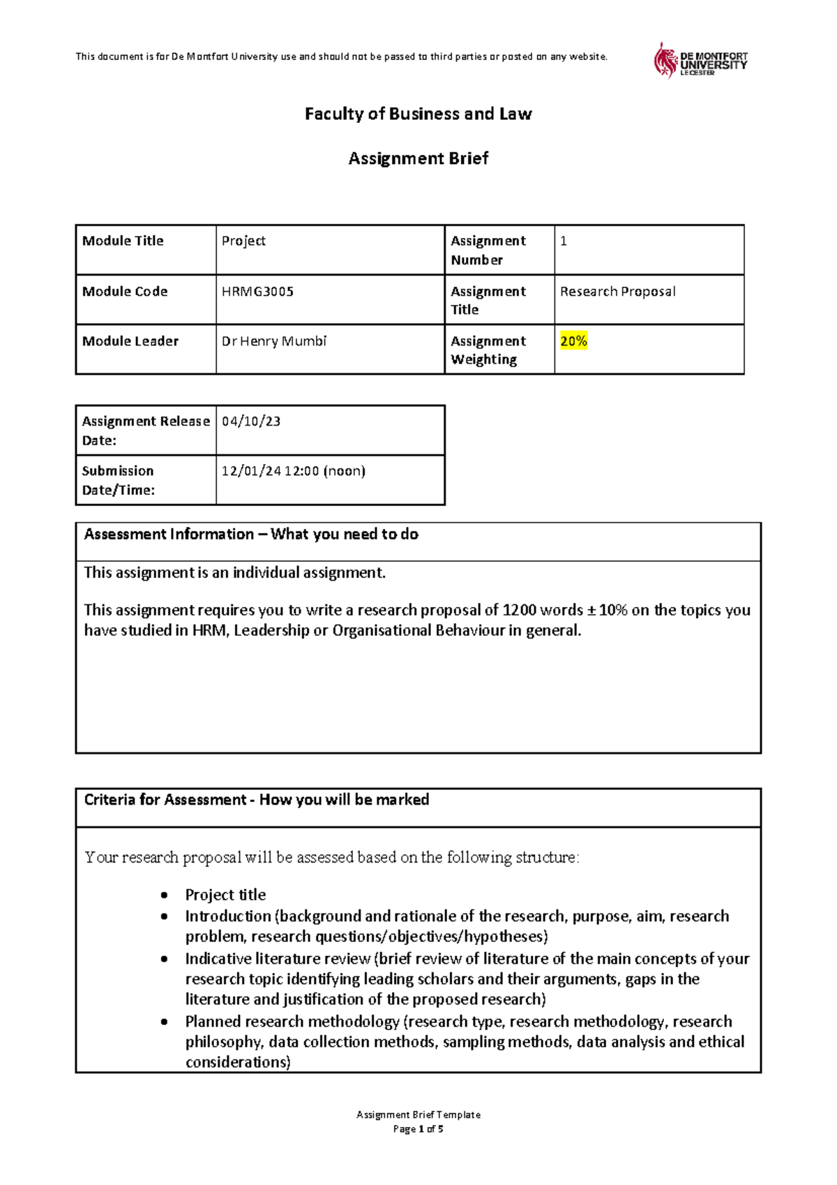 Assignment 1 Research Proposal Assessment Brief 2023 - Assignment Brief ...