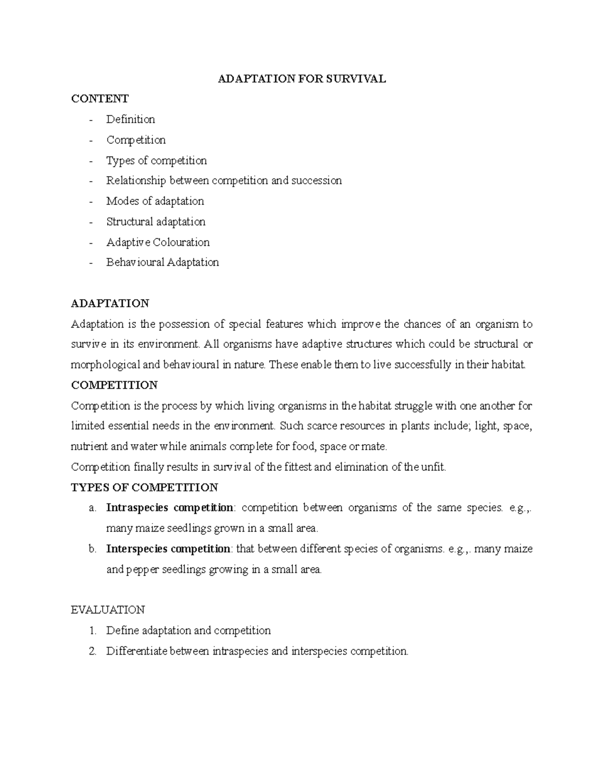 Adaptation - ADAPTATION FOR SURVIVAL CONTENT Definition Competition ...