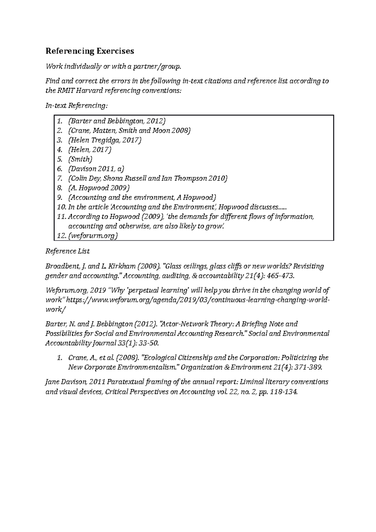 Referencing Exercises - Referencing Exercises Work individually or with ...