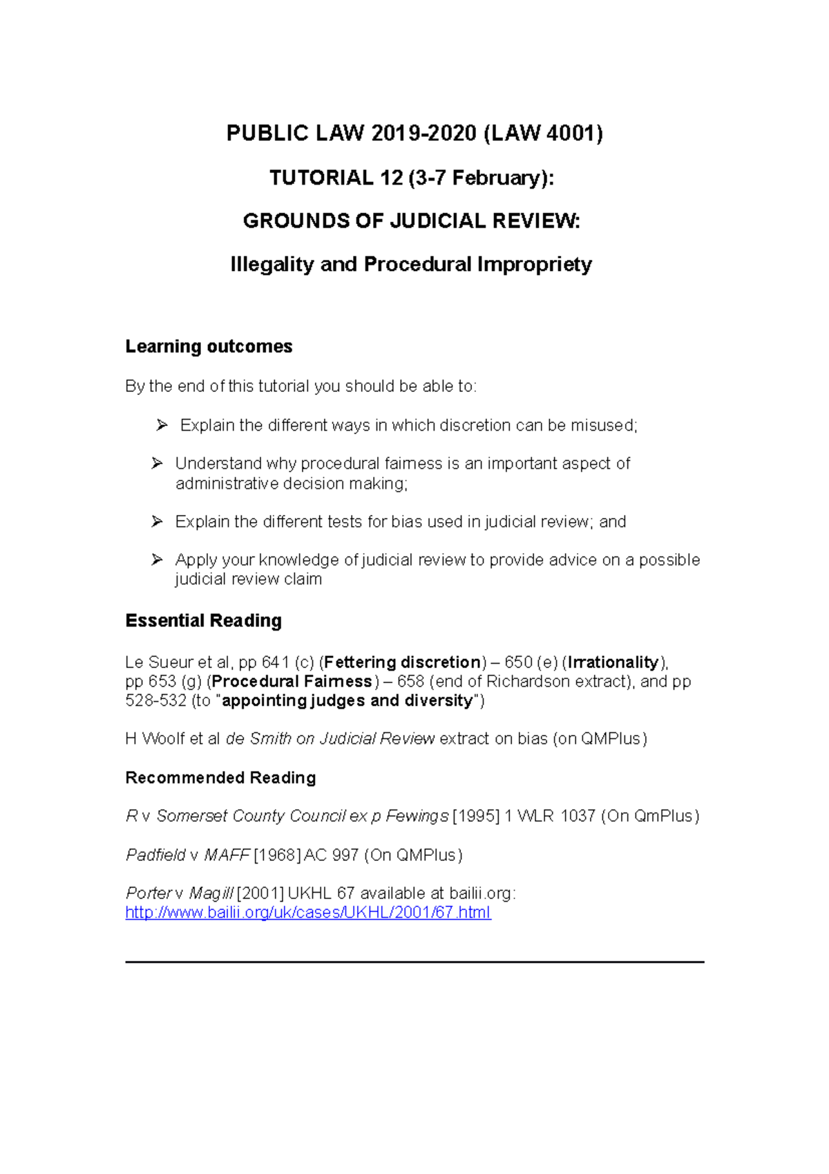 Tutorial 12 Notes - PUBLIC LAW 2019-2020 (LAW 4001) TUTORIAL 12 (3-7 ...