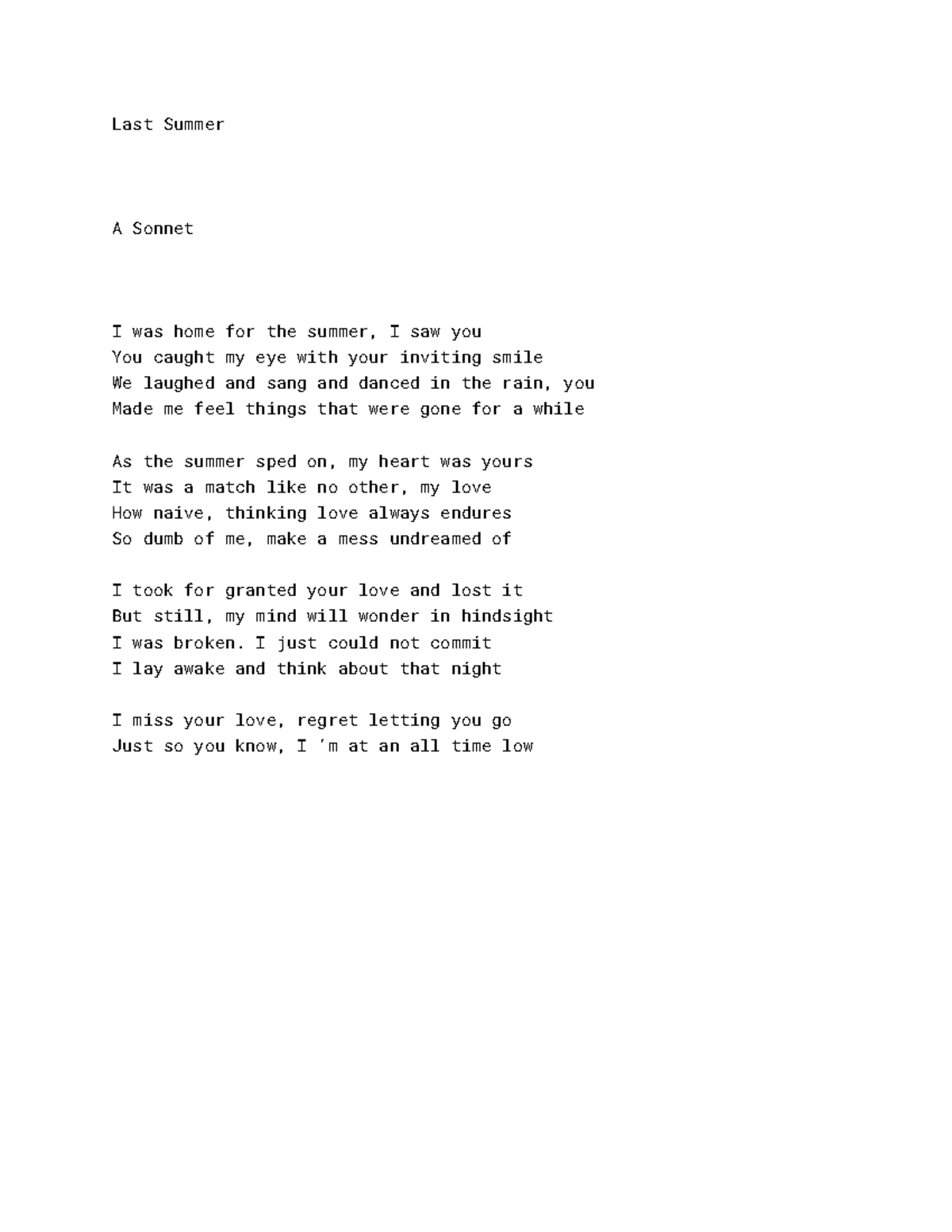 Module 1 CRW Poetry Assignment - Last Summer A Sonnet I was home for ...