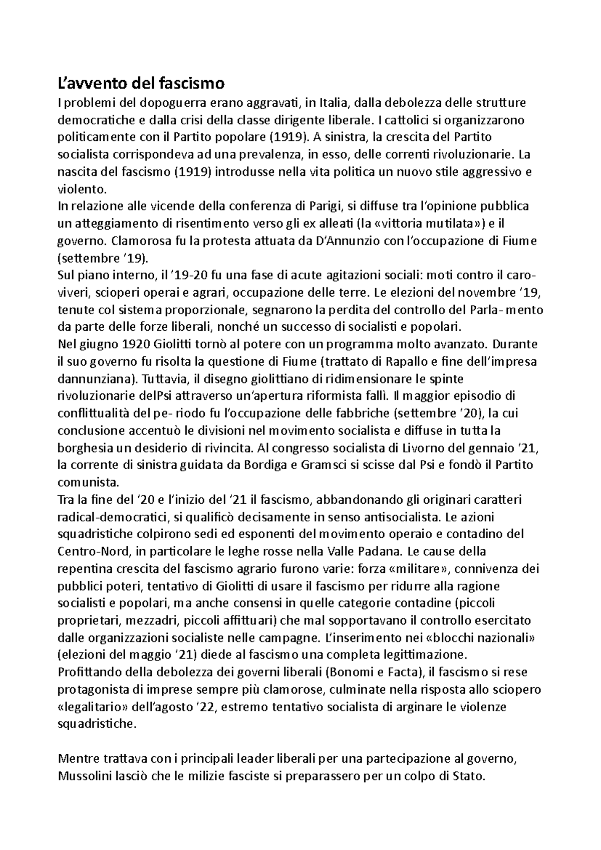 Fascismo - Riassunto L'Italia e le sue storie 1945-2019 - L’avvento del ...