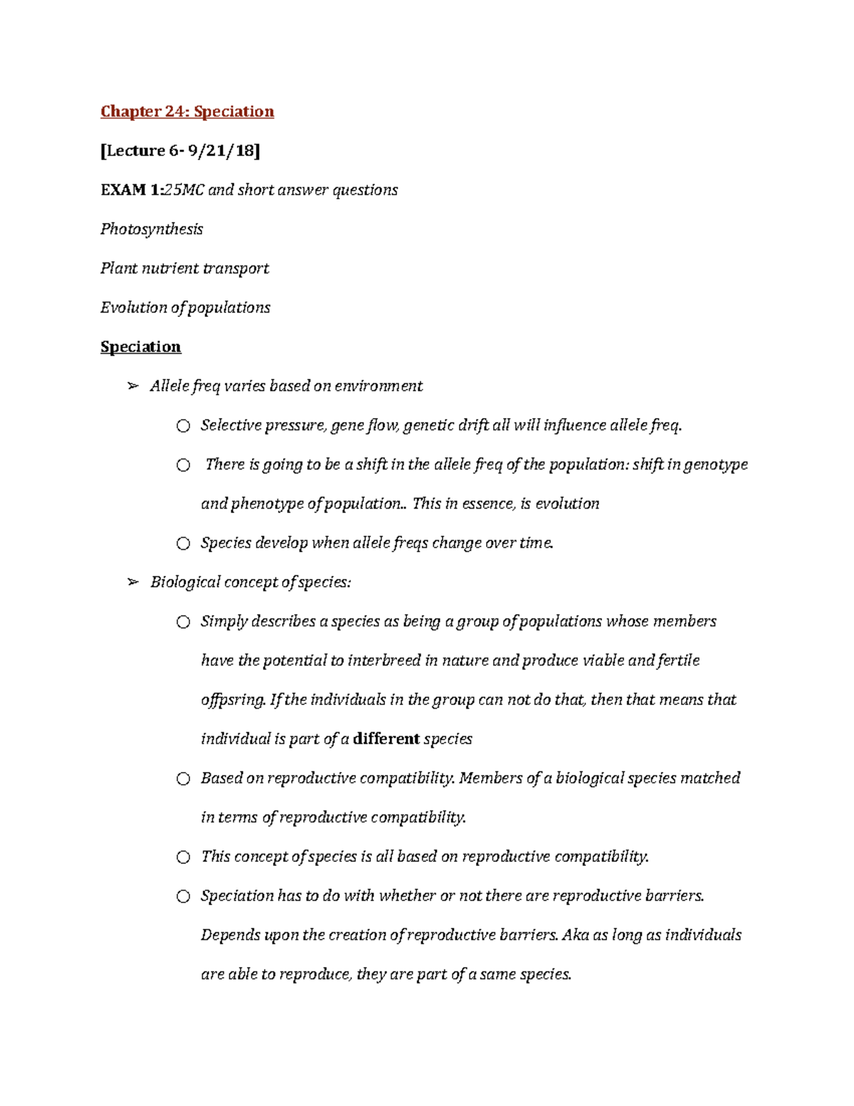 Chapter 24 Lecture Notes - Chapter 24: Speciation [Lecture 6- 9/21/18 ...