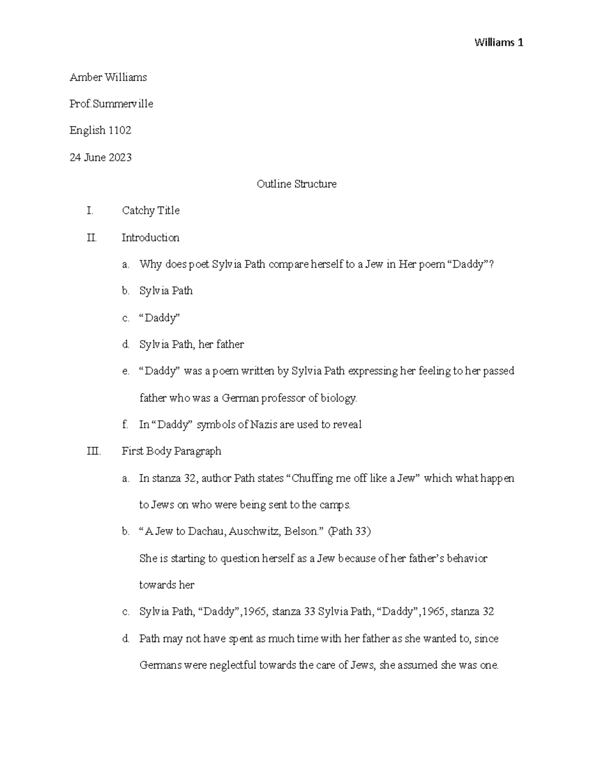 Amber Williams; Outline Structure - Williams 1 Amber Williams Prof ...