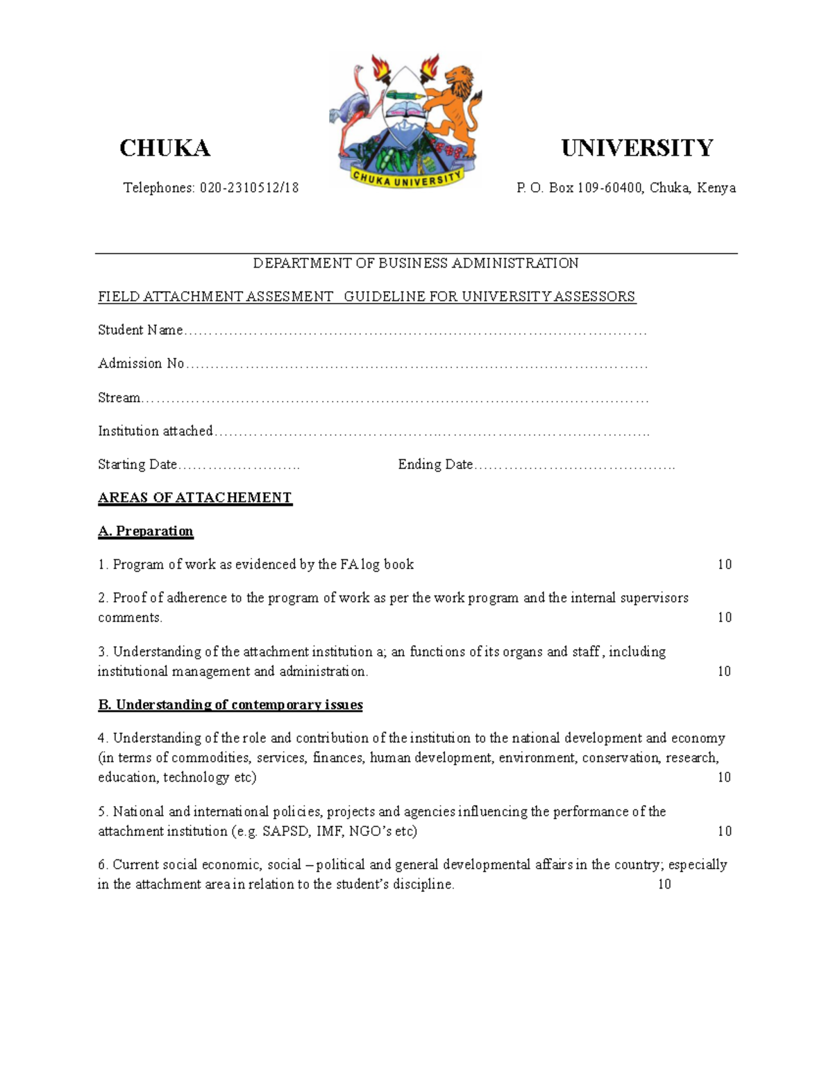 Field attachment internal assessors form - CHUKA UNIVERSITY Telephones ...