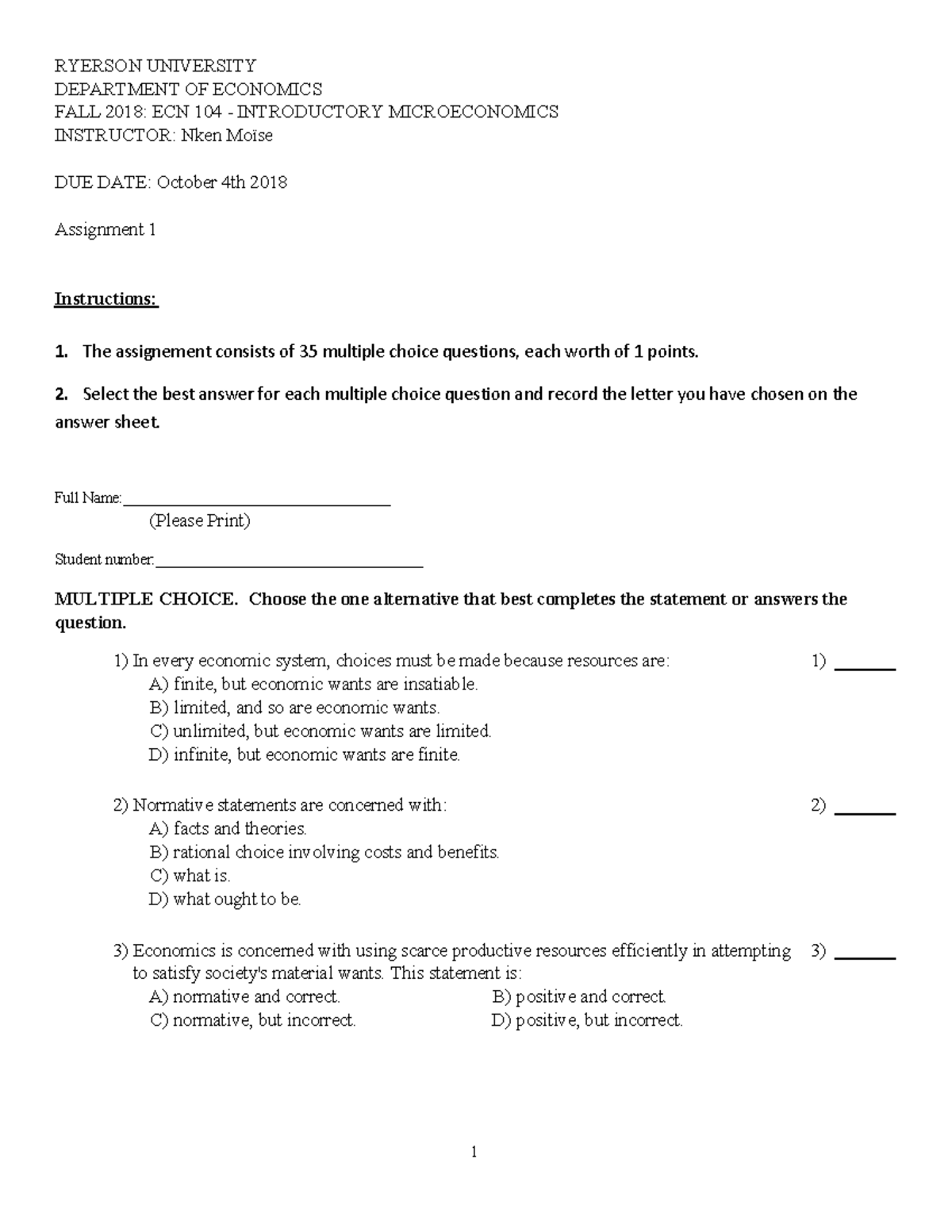 Section 2-Assignment-1 ECN-104-F2018 - RYERSON UNIVERSITY DEPARTMENT OF ...