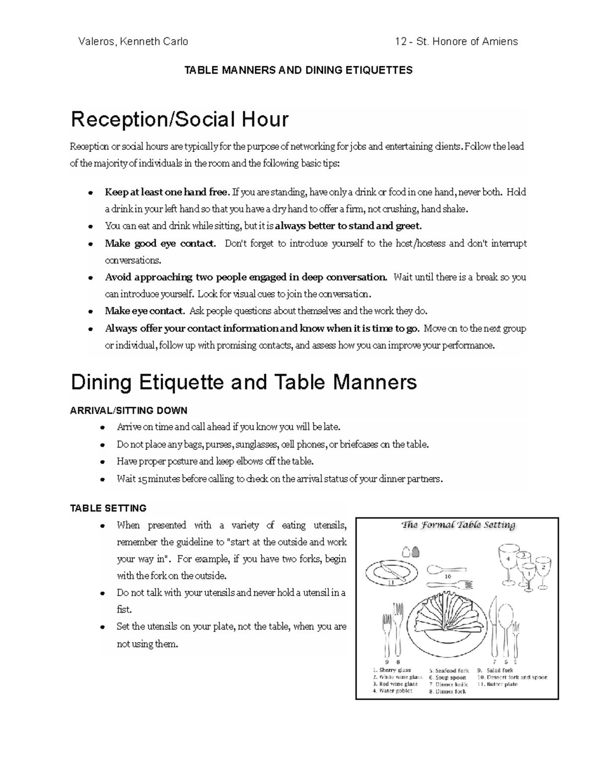 Table Manners n Etiquettes - Valeros, Kenneth Carlo 12 - St. Honore of ...