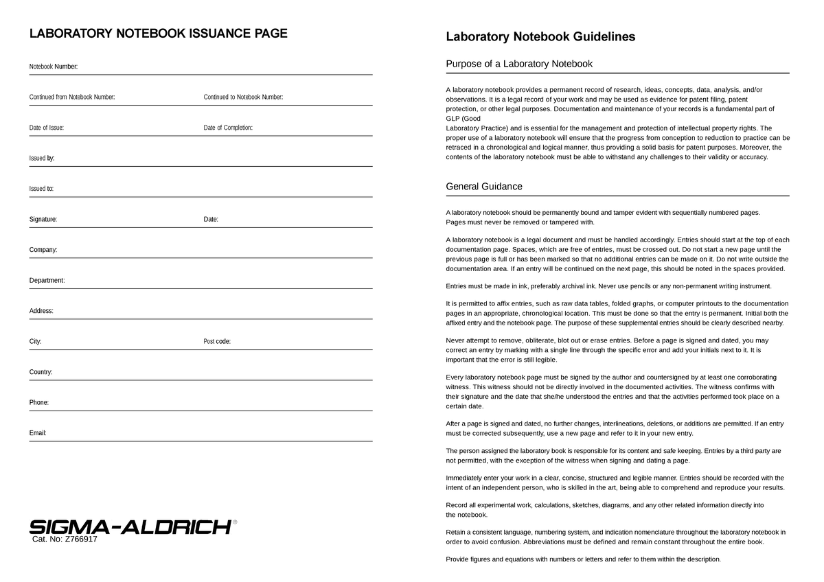 Printable Lab Notebook Paper - LABORATORY NOTEBOOK ISSUANCE PAGE ...