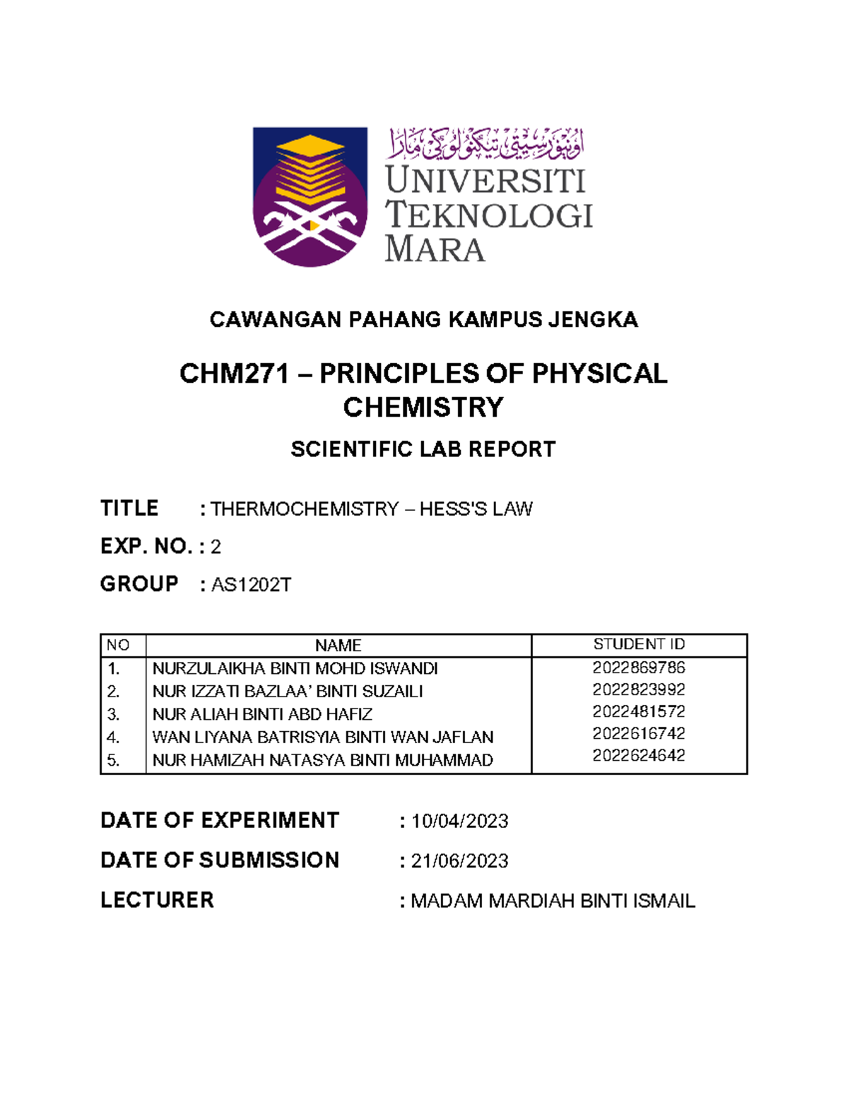 Lab report exp2 chm - UITM - CAWANGAN PAHANG KAMPUS JENGKA CHM271 ...