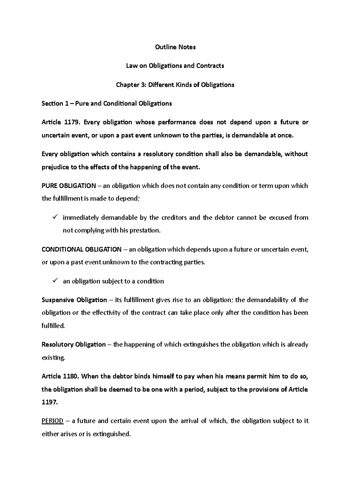 Oblicon Outline Notes - Law on Obligations and Contracts - Outline ...