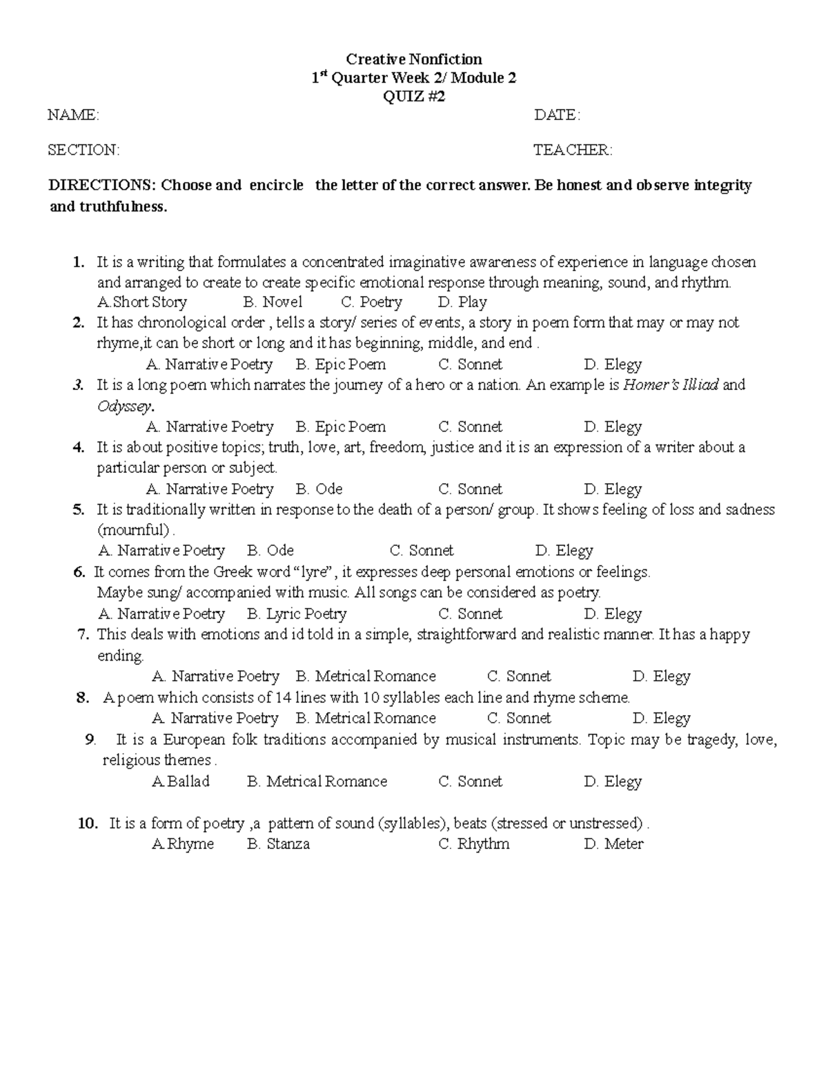 1st Q Creative Nonfiction Q2-M2A2 lesson 2 - Creative Nonfiction 1 st ...