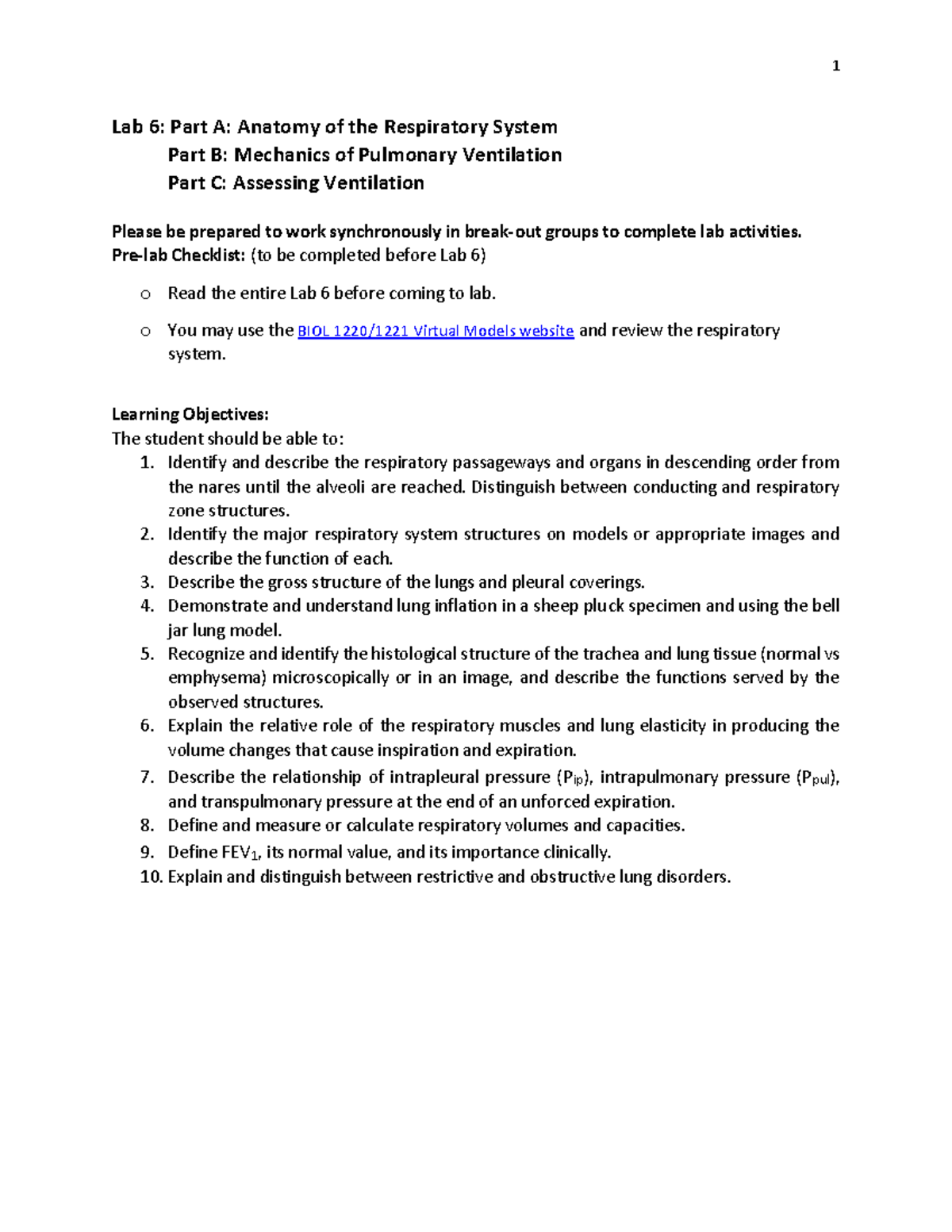 Lab6Anatomyof Respiratory Systemand Physiology W 24 - Lab 6: Part A ...