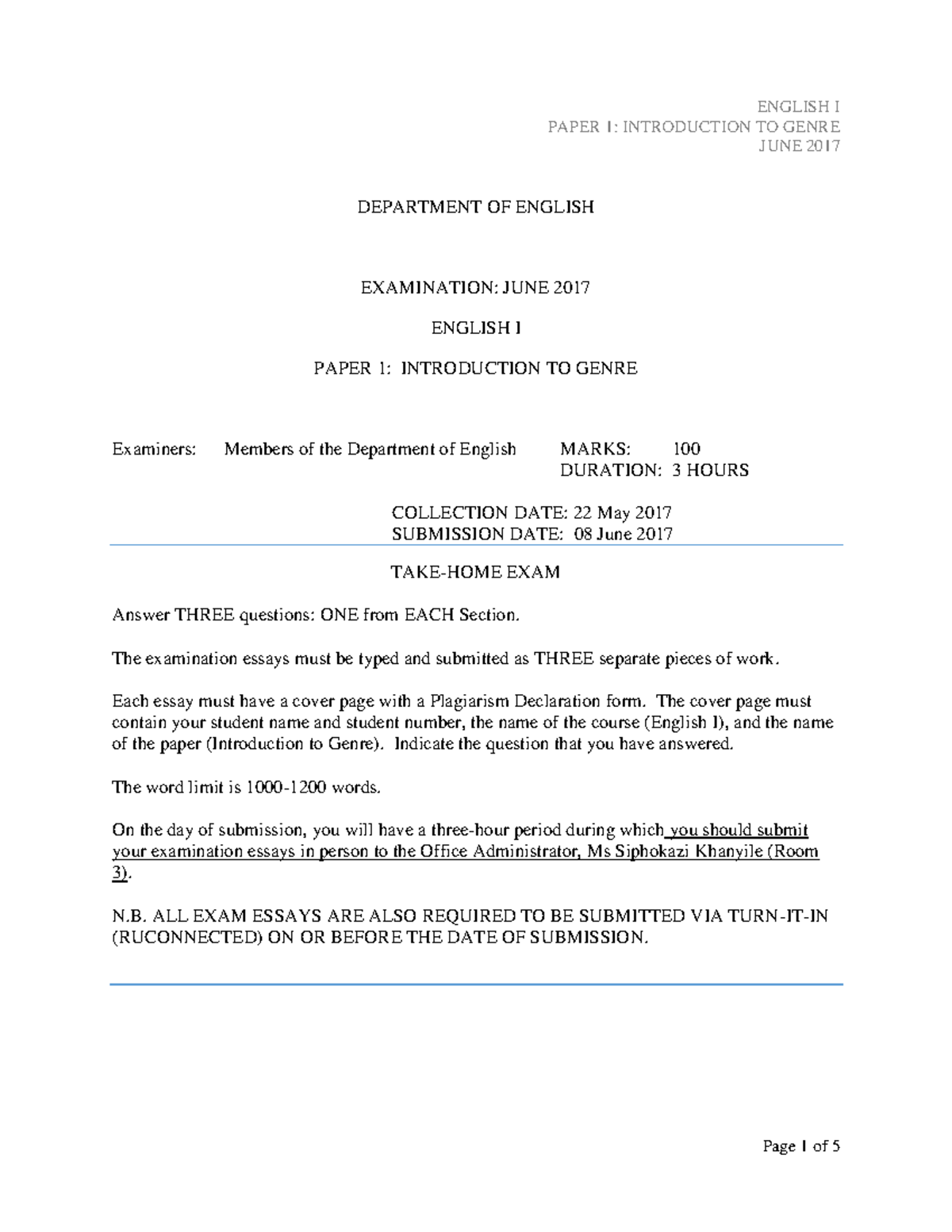 English 1 P1 Introduction to Genre June 2017 - PAPER 1: INTRODUCTION TO ...