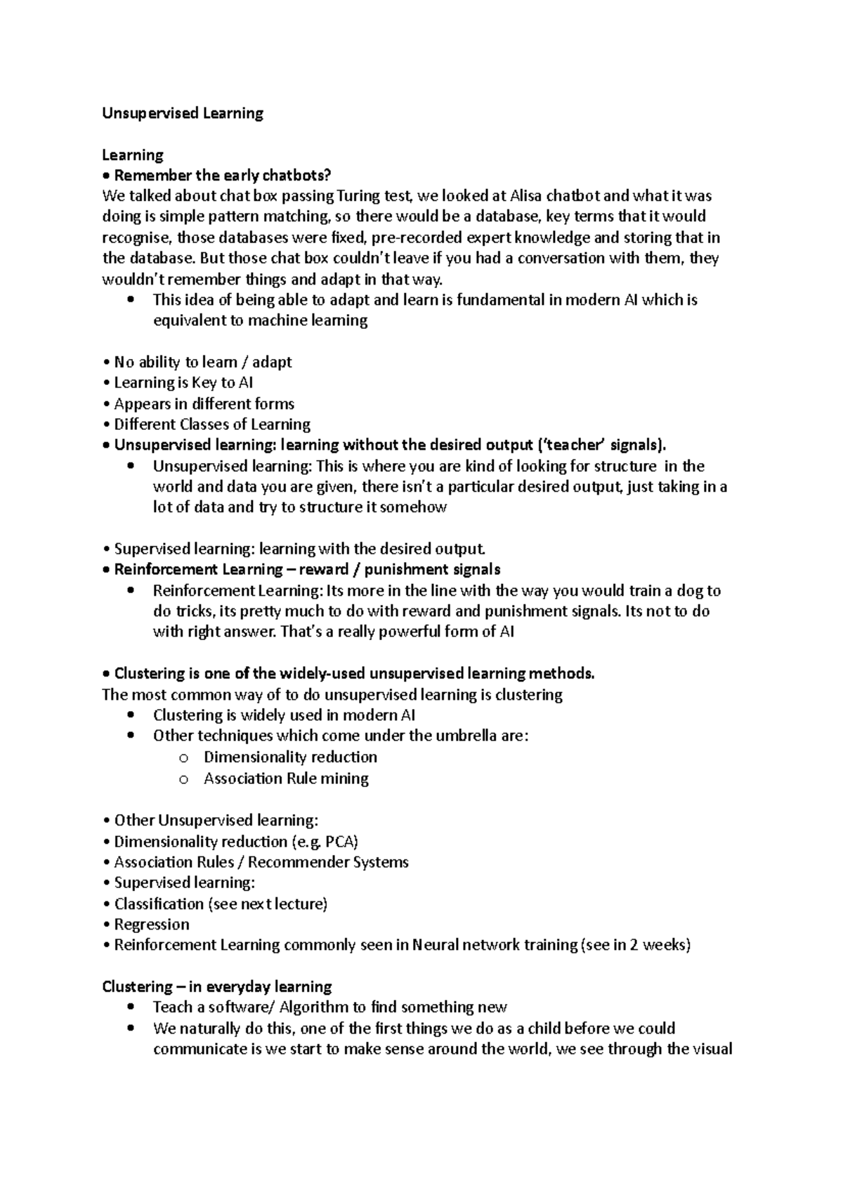 AI - Lectures - Lecture notes created - Unsupervised Learning Learning ...