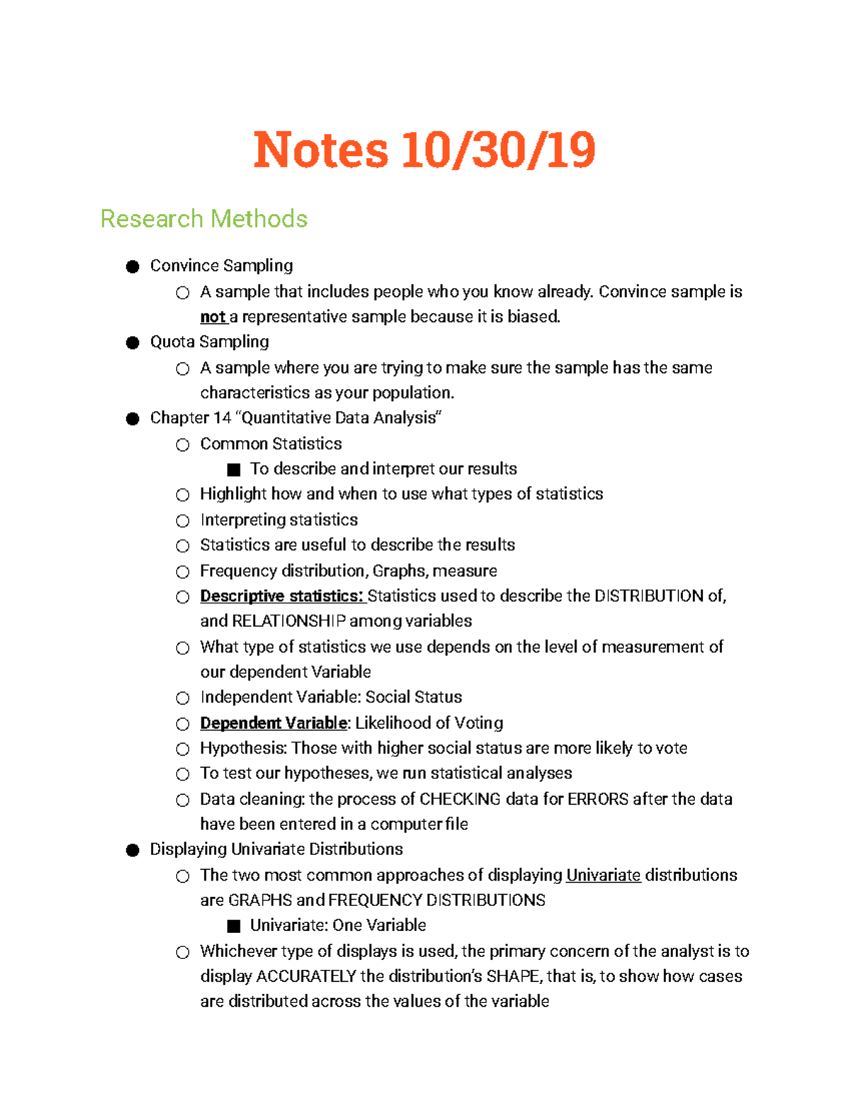 Lecture 8 - Notes 10/30/ Research Methods Convince Sampling A sample ...