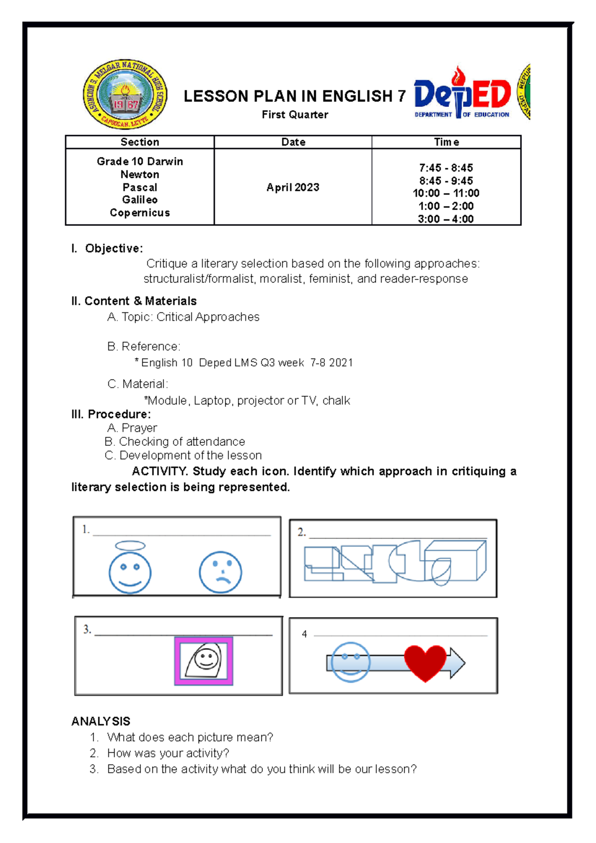 Lesson PLAN IN English 10 for CO - LESSON PLAN IN ENGLISH 7 First ...