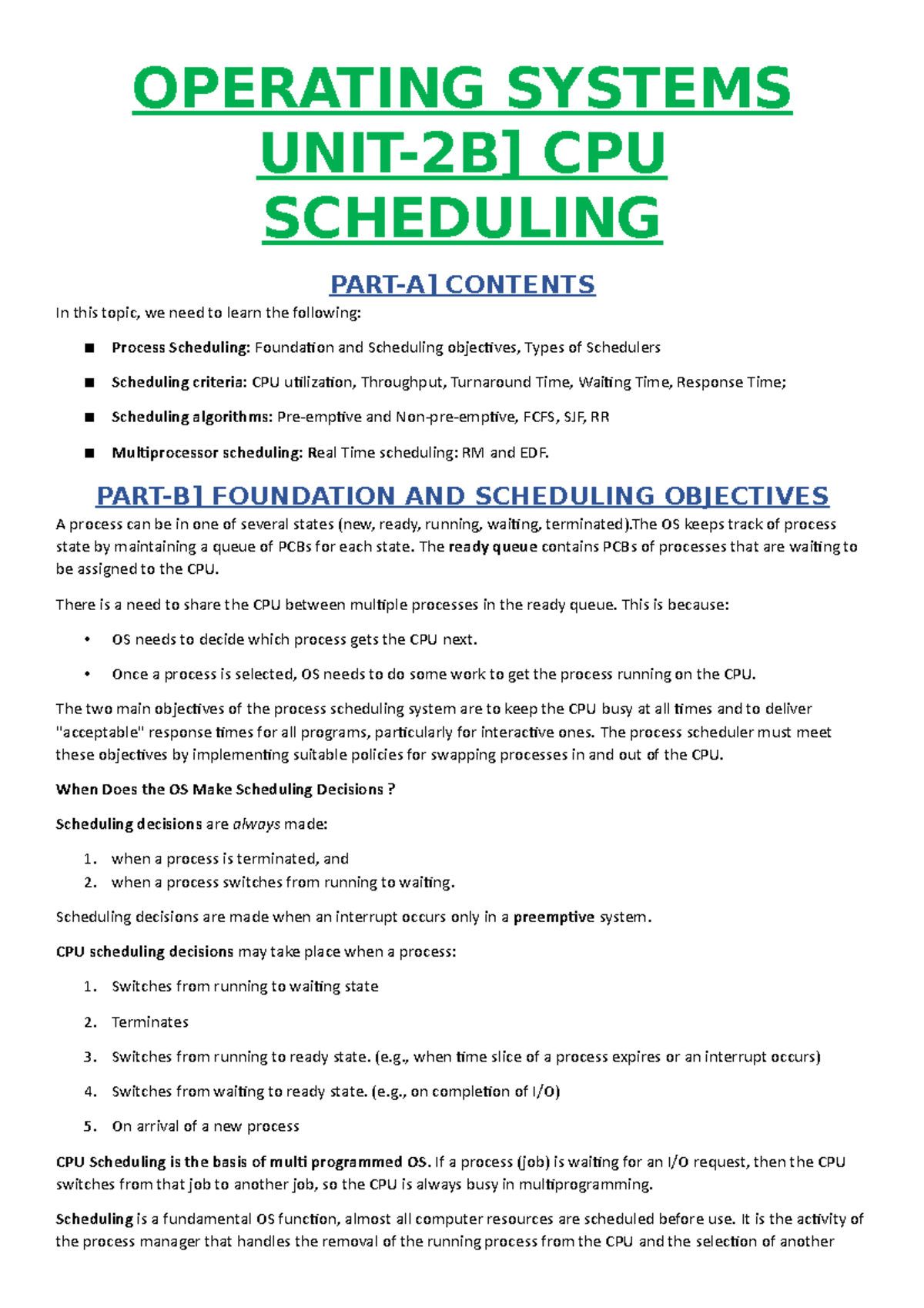 CPU Scheduling - OPERATING SYSTEMS UNIT-2B] CPU SCHEDULING PART-A] CONTENTS In this topic, we ...