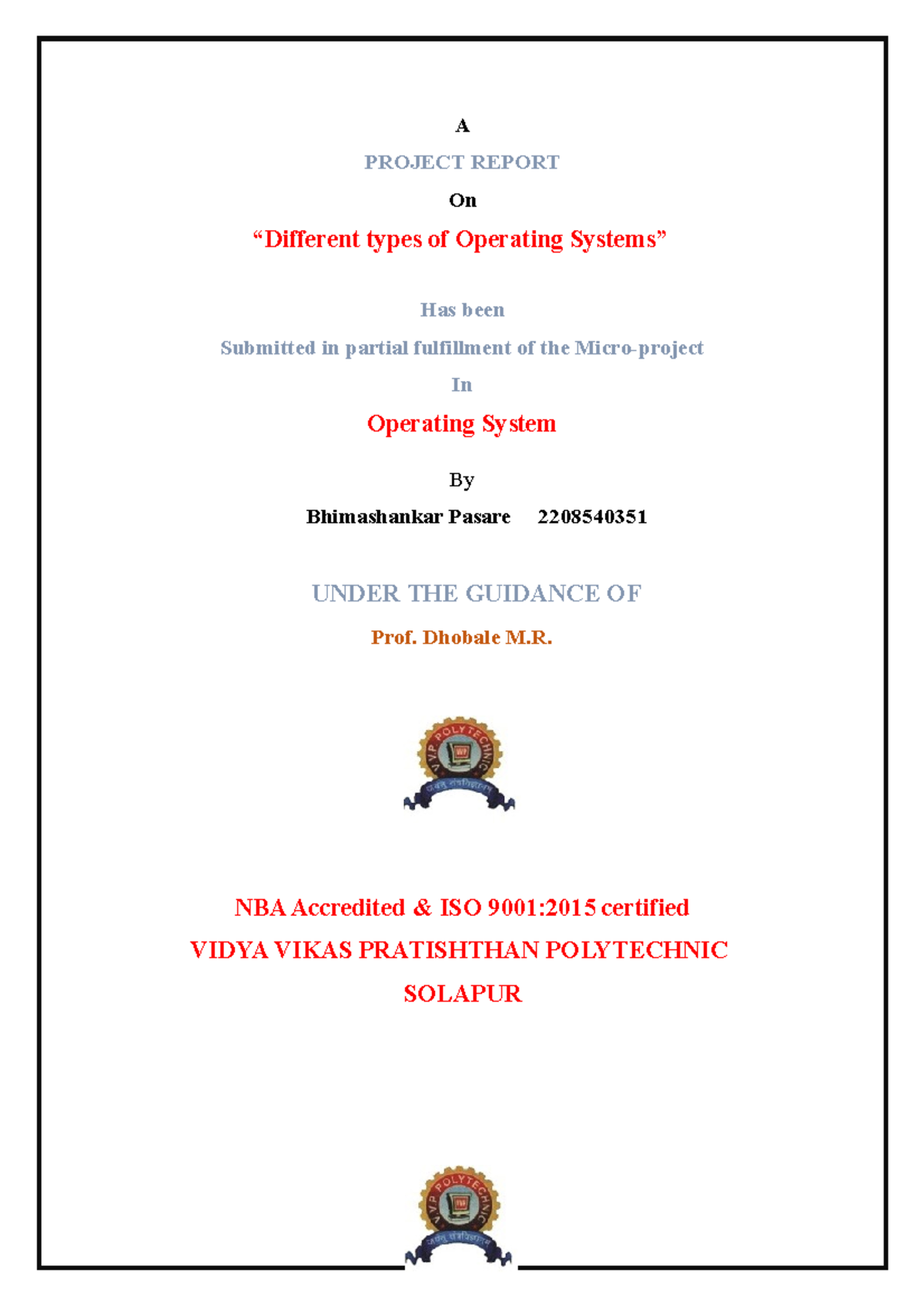 OSY micro project - A PROJECT REPORT On “Different types of Operating ...