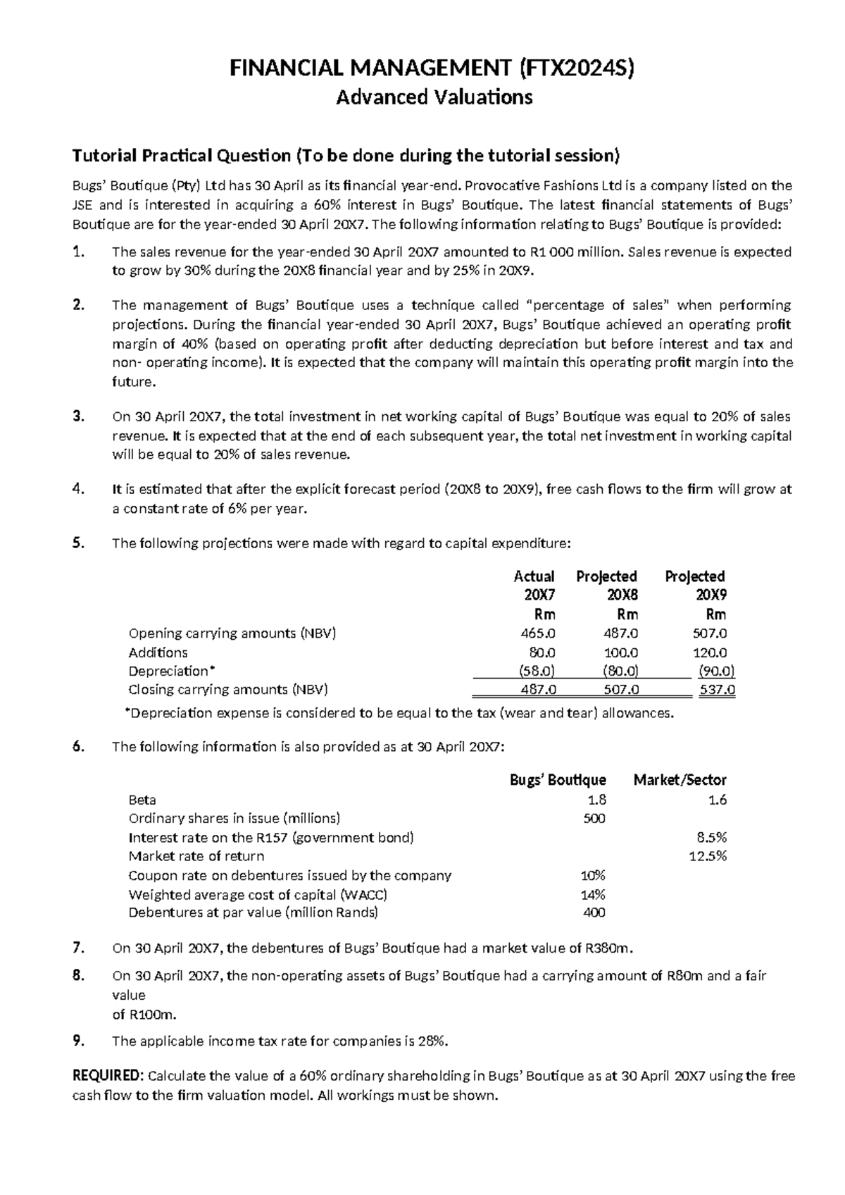 AV Tut questions PB - FINANCIAL MANAGEMENT (FTX2024S) Advanced Valuations Tutorial Practical ...