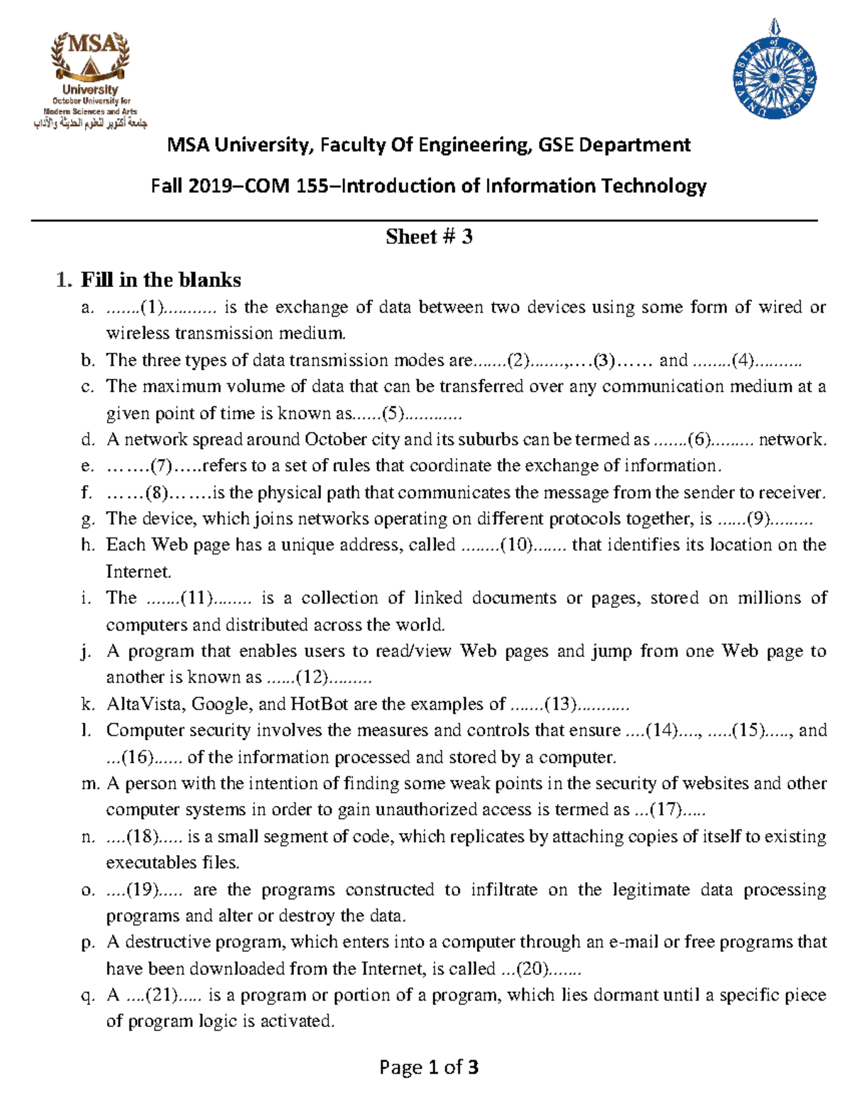 IT - sheet 3 - Fall 2019–COM 155–Introduction of Information Technology ...