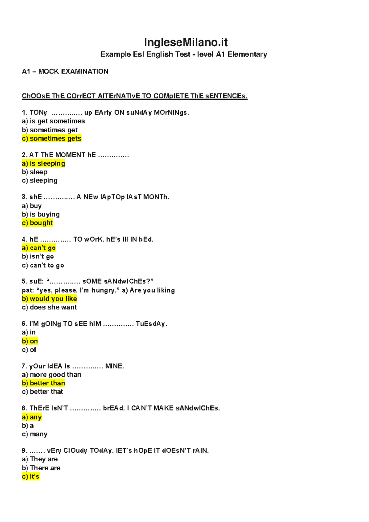 Practice ingles - Example Esl English Test - level A1 Elementary A1 ...