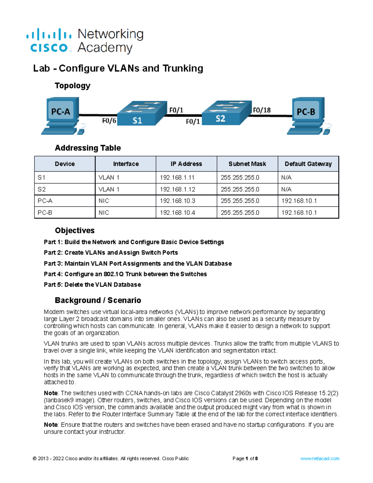 Lab Configure Vlans and Trunkings - Topology Addressing Table Device ...