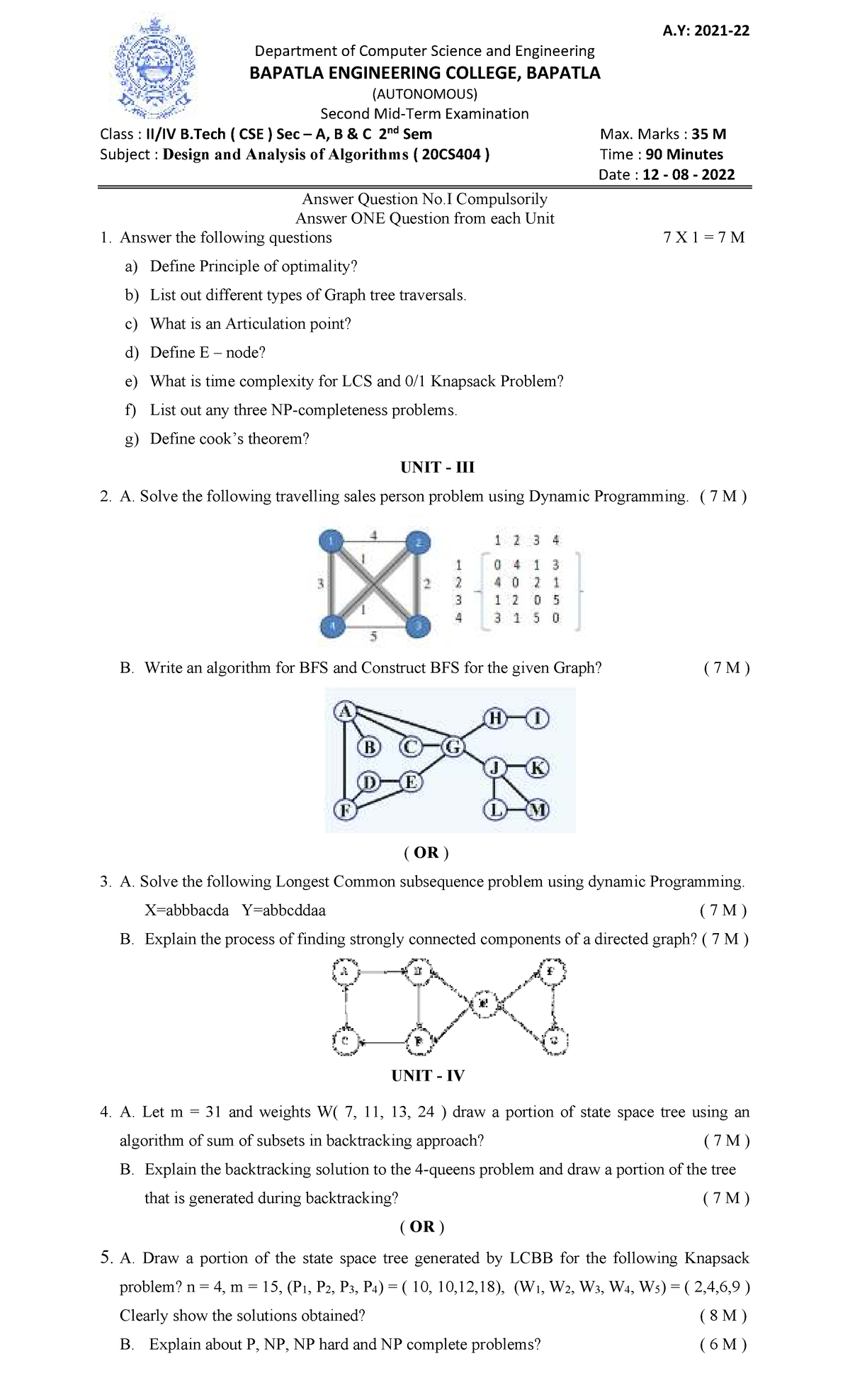 2CS DAA MID - 2 - Question Paper - A: 2021- Department of Computer Science and Engineering ...