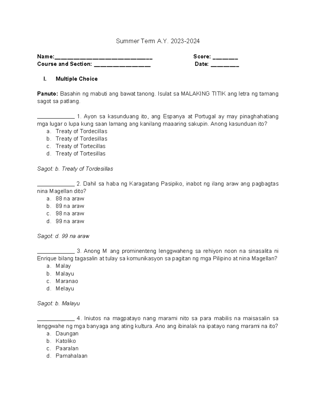 QUIZ-1-HIST- Summer - Quiz - Summer Term A. 2023- Name ...
