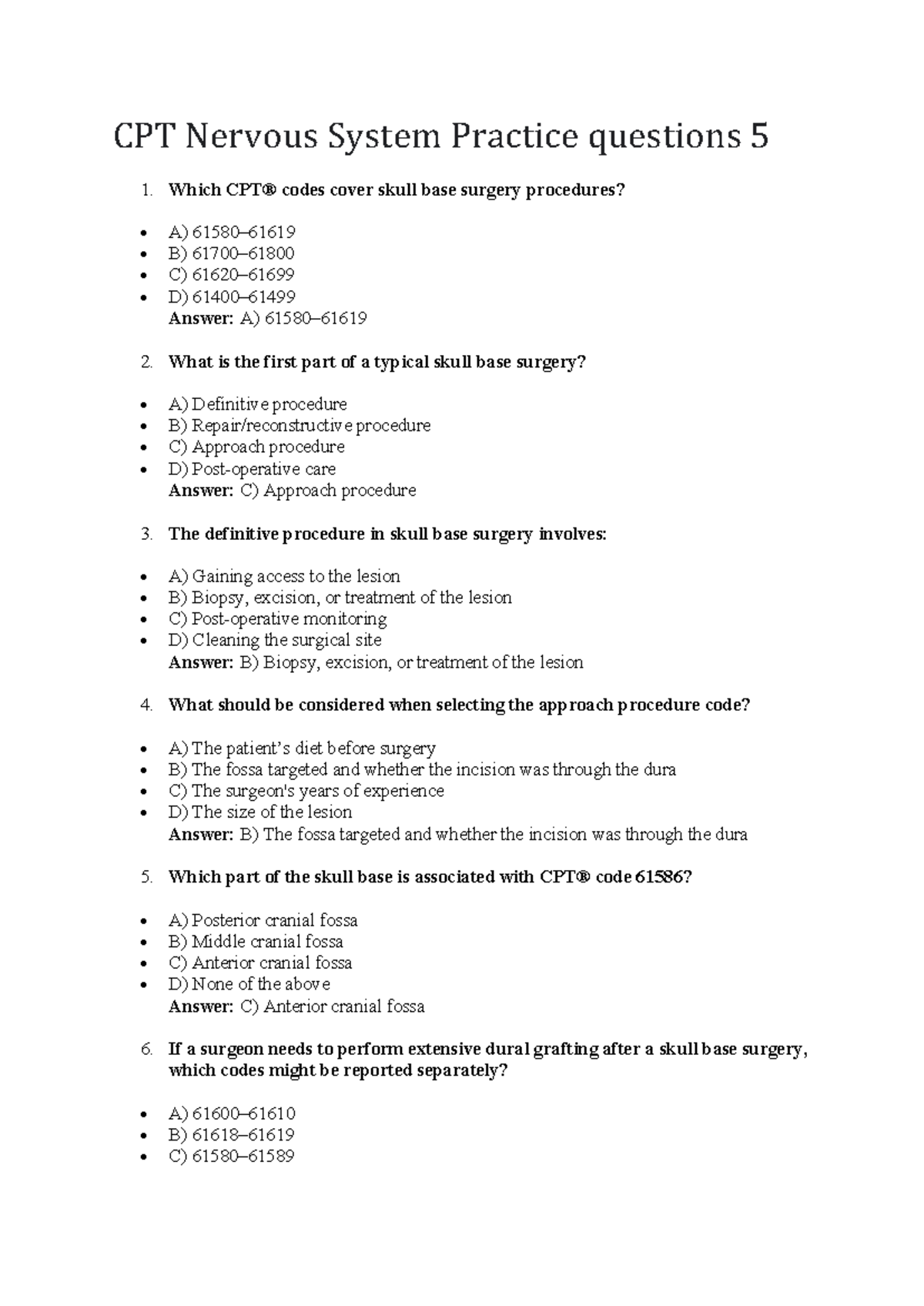 CPT Nervous System Practice questions 5 - Which CPT® codes cover skull ...