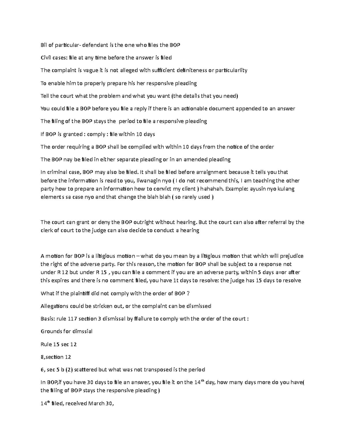 Bil of particular - notes - Bil of particular- defendant is the one who ...