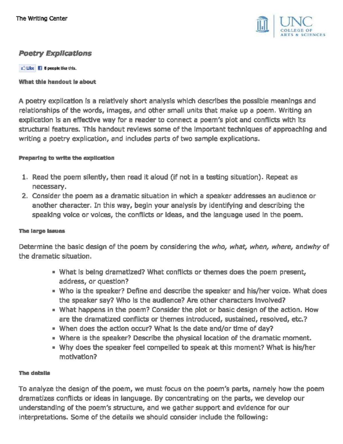 Explicating a poem - The Writing Center UNC COLLEGE OF ARTS SCIENCES ...