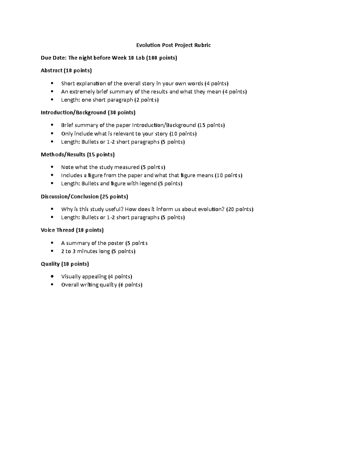 Evolution Post Project Rubric - Studocu