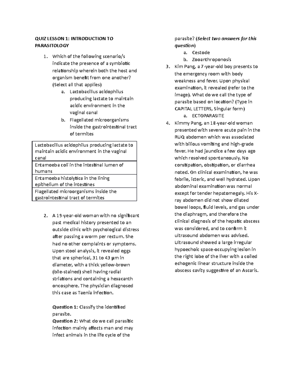 QUIZ 1-6 - QUIZ 1-6 parasitology - QUIZ LESSON 1: INTRODUCTION TO ...