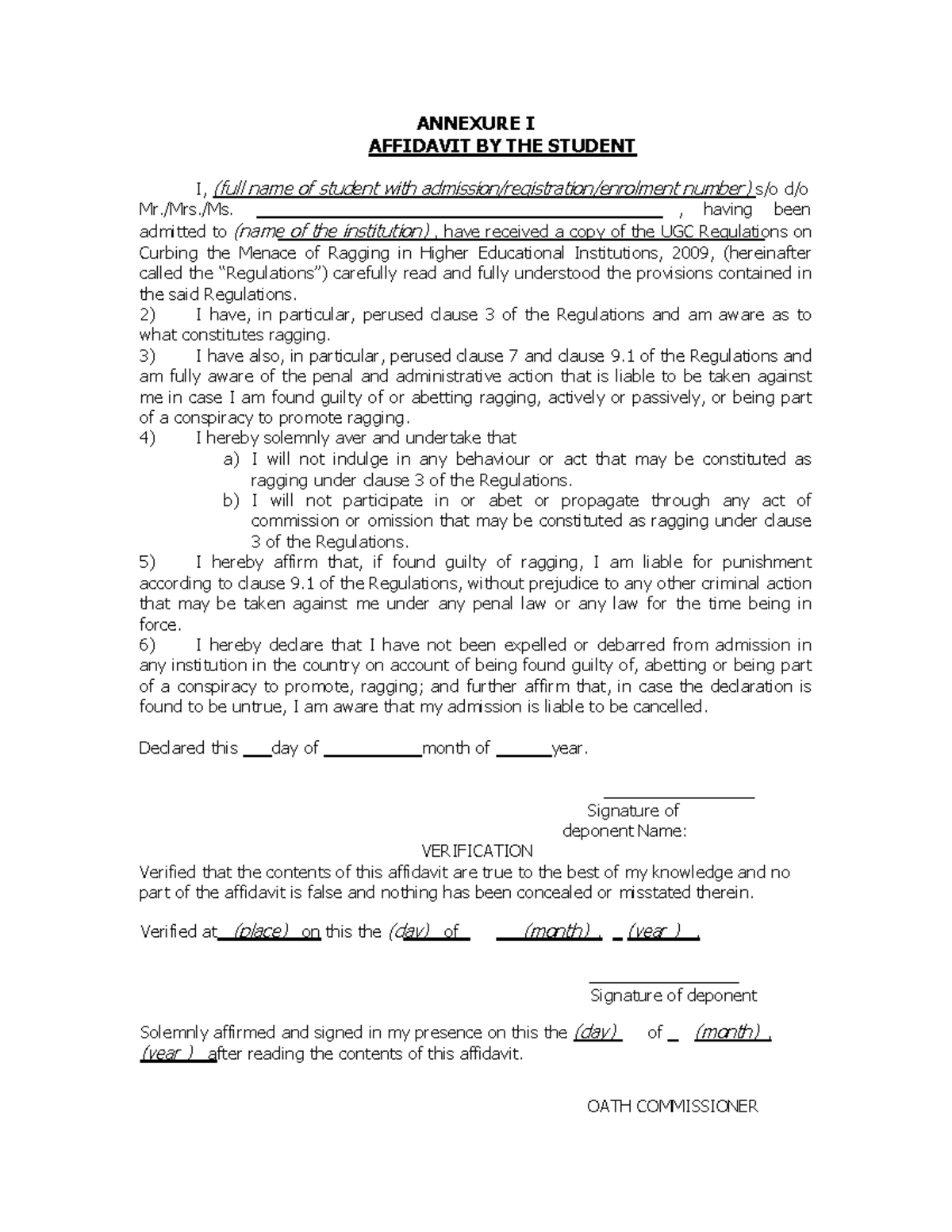 Anti-ragging Affidavits - OATH COMMISSIONER ANNEXURE I AFFIDAVIT BY THE STUDENT I,(full name of ...