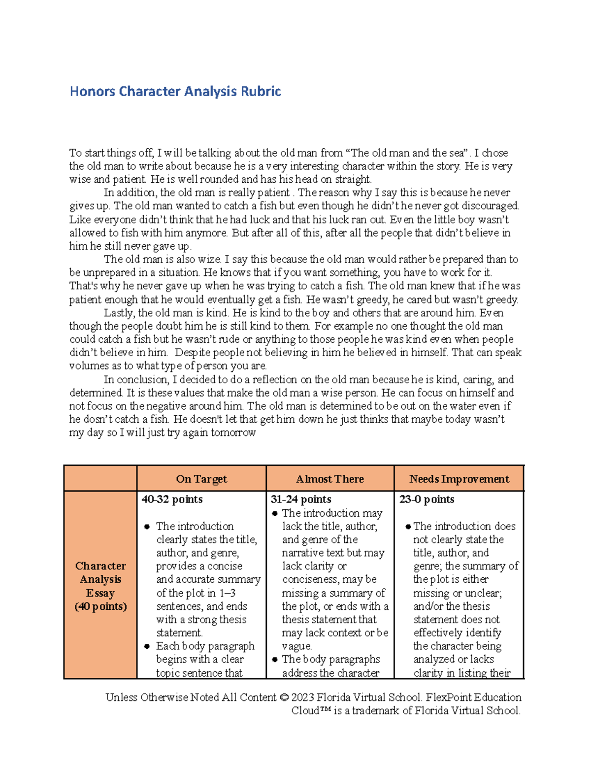 Copy of character analysis rubric - Honors Character Analysis Rubric To ...