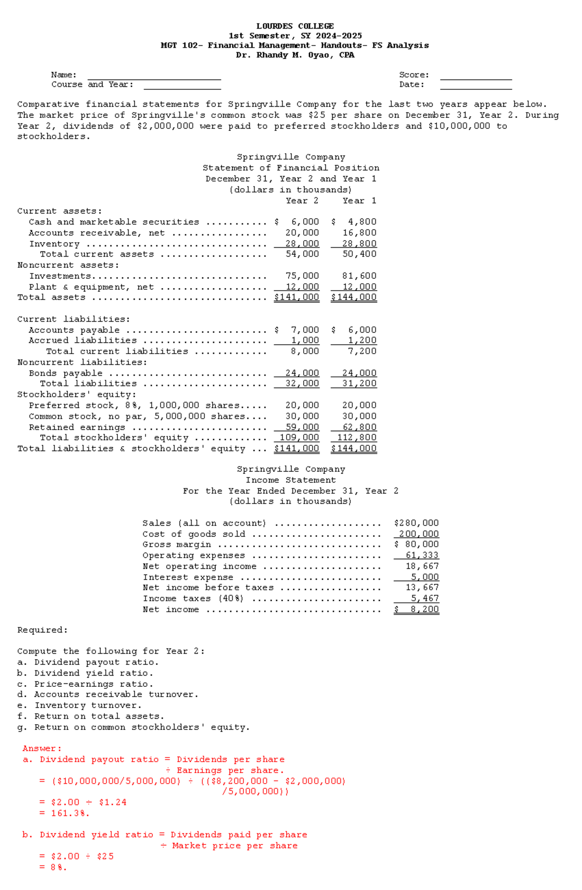 Financial statement analysis handouts - LOURDES COLLEGE 1st Semester ...