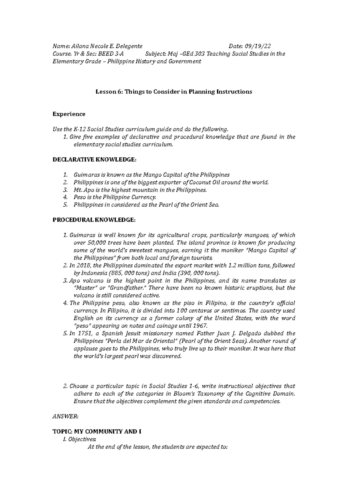 Lesson 6 Output - social studies - Name: Ailana Necole E. Delegente ...
