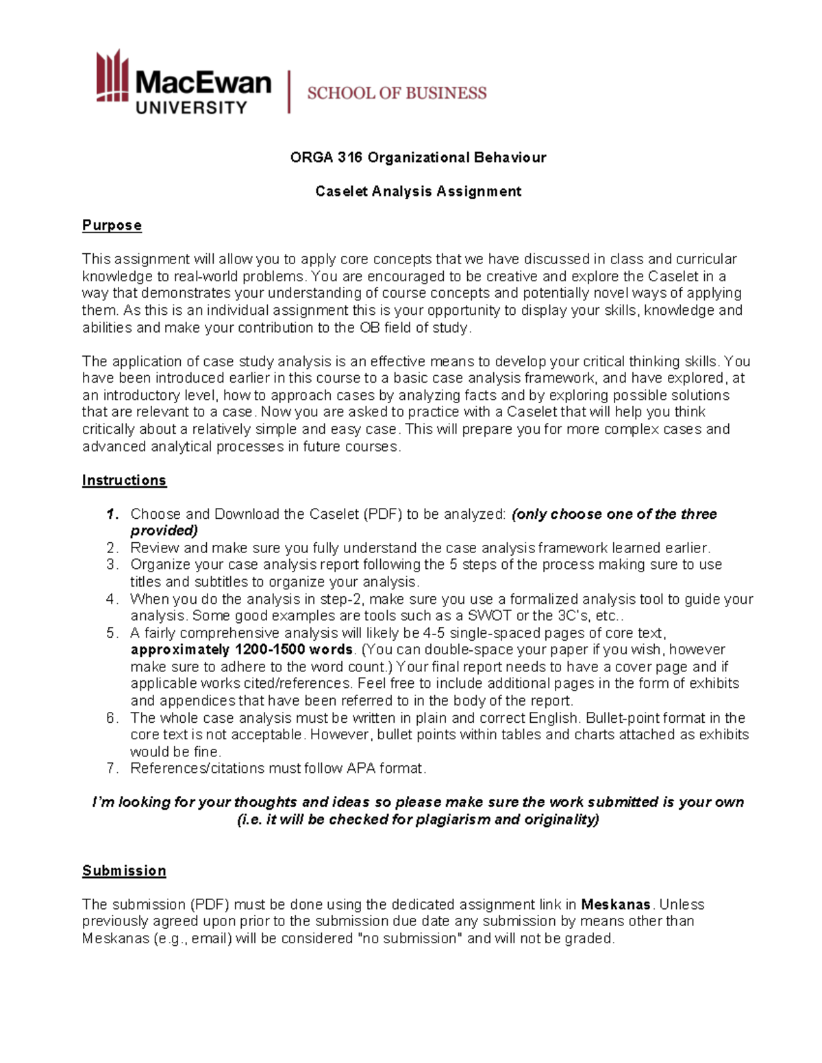 Caselet Assignment Instructions - ORGA 316 Organizational Behaviour ...