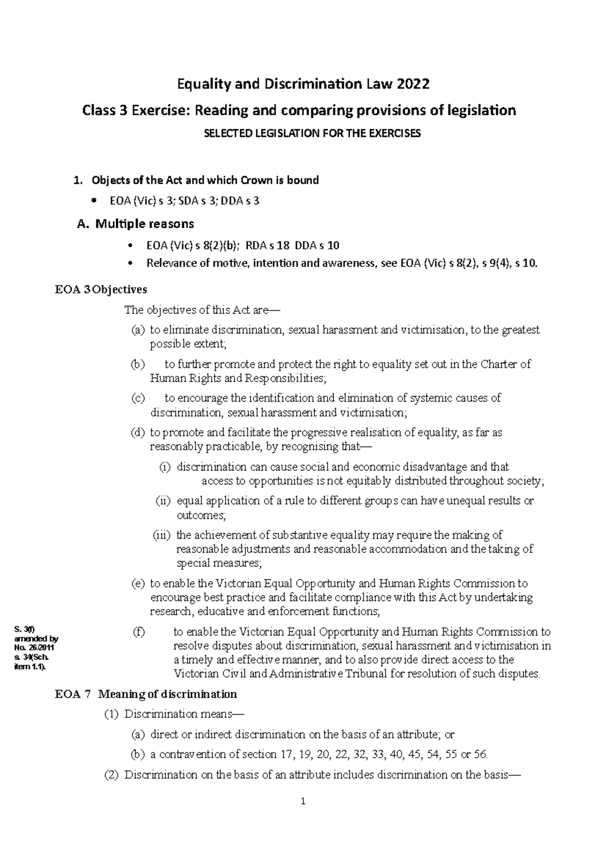 2022 EDL class 3 Exercise - legislative extracts - Equality and ...