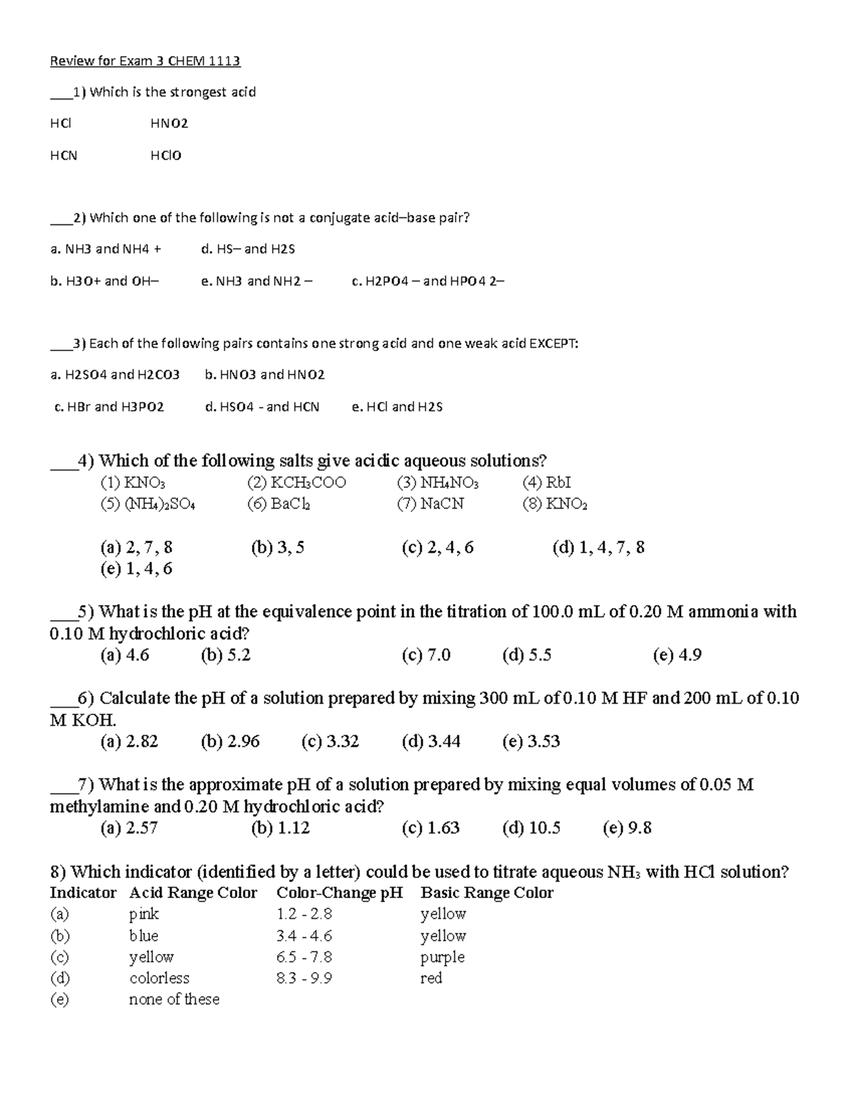 Review Exam 3 Kelly - pKa, Solubility, pH, buffer solutions - CHE 1113 ...