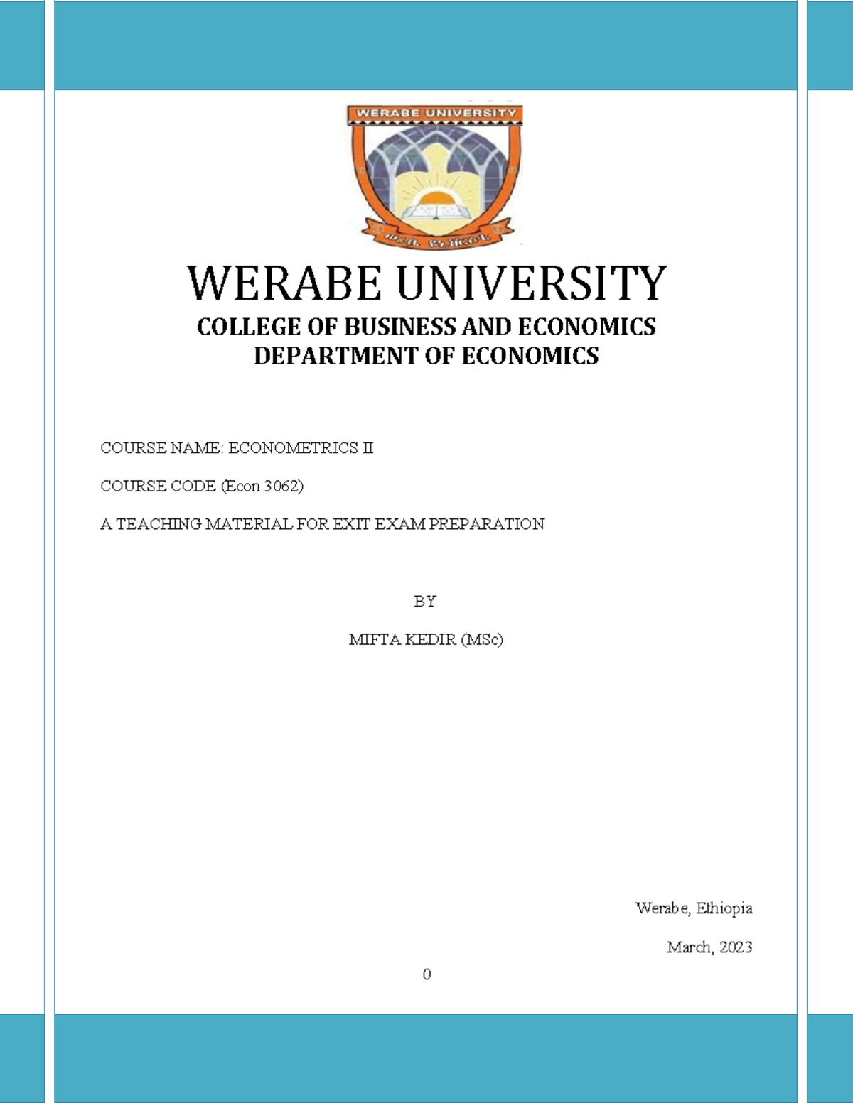 Econometrics Ii Pdf Short Note Werabe University College Of Business And Economics 
