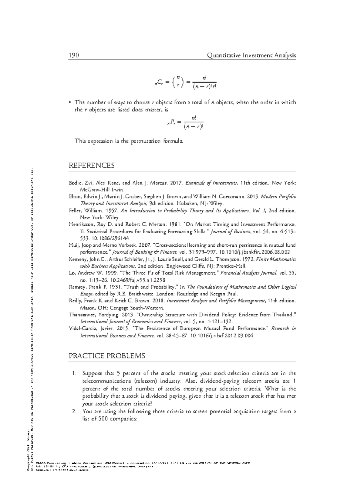 CFAInstitute 2020 Practice Problem Quantitative Investmen - n C r ¼ n r ...