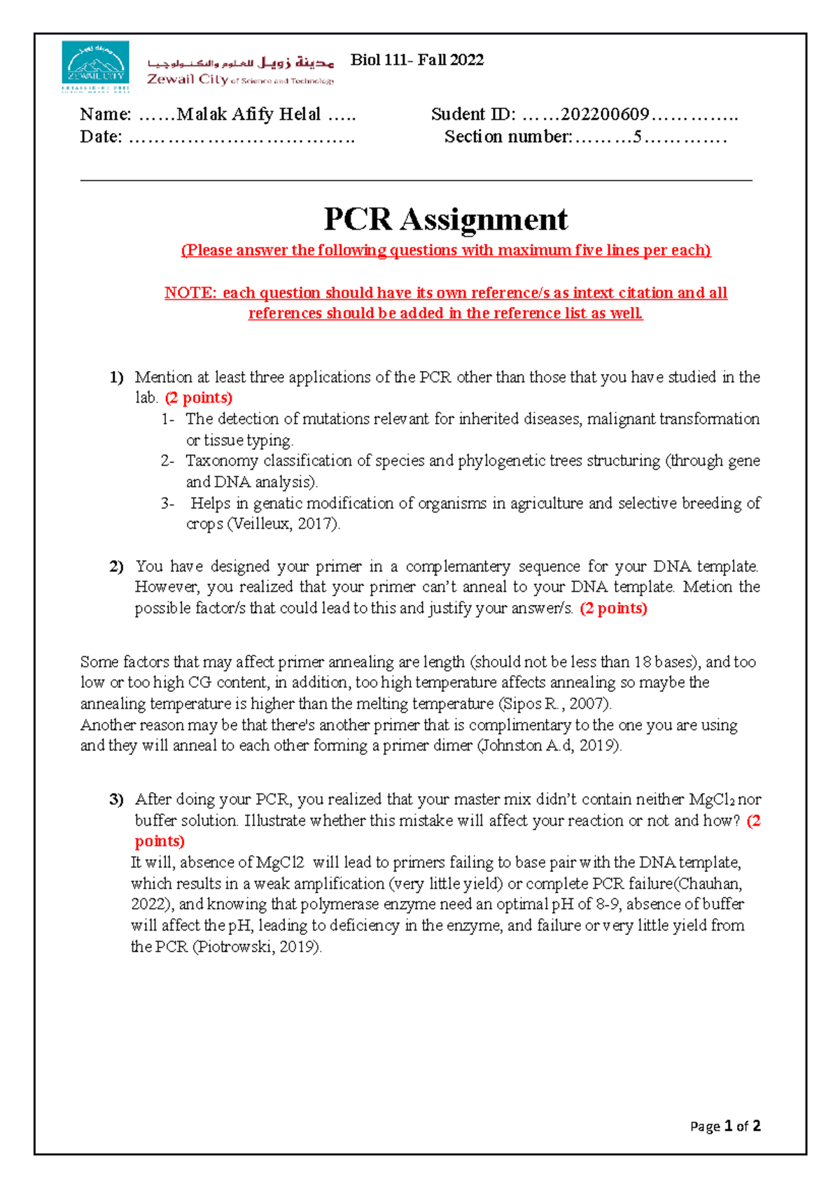 Fall 2022 PCR Assignment - Biol 111- Fall 2022 Name: ..... Afify Helal ..... Sudent ID: - Studocu