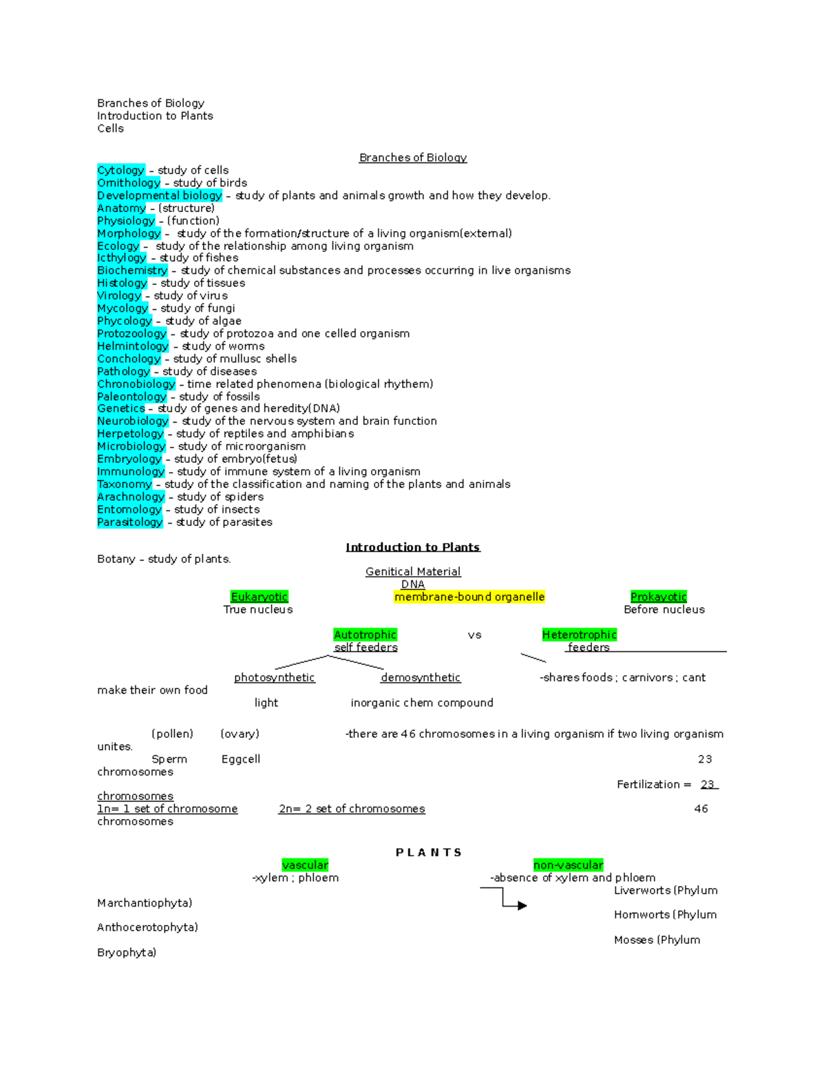 Natsci 131lec - Lec notes - Branches of Biology Introduction to Plants ...