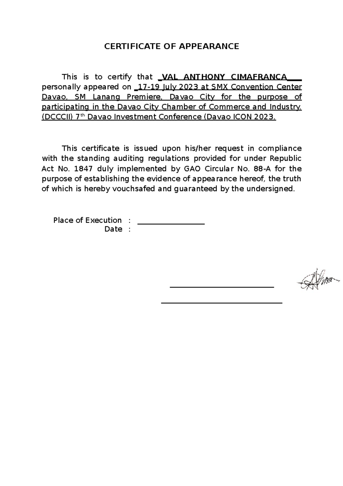 Certificate OF Appearance-blank - This is to certify that VAL ANTHONY ...