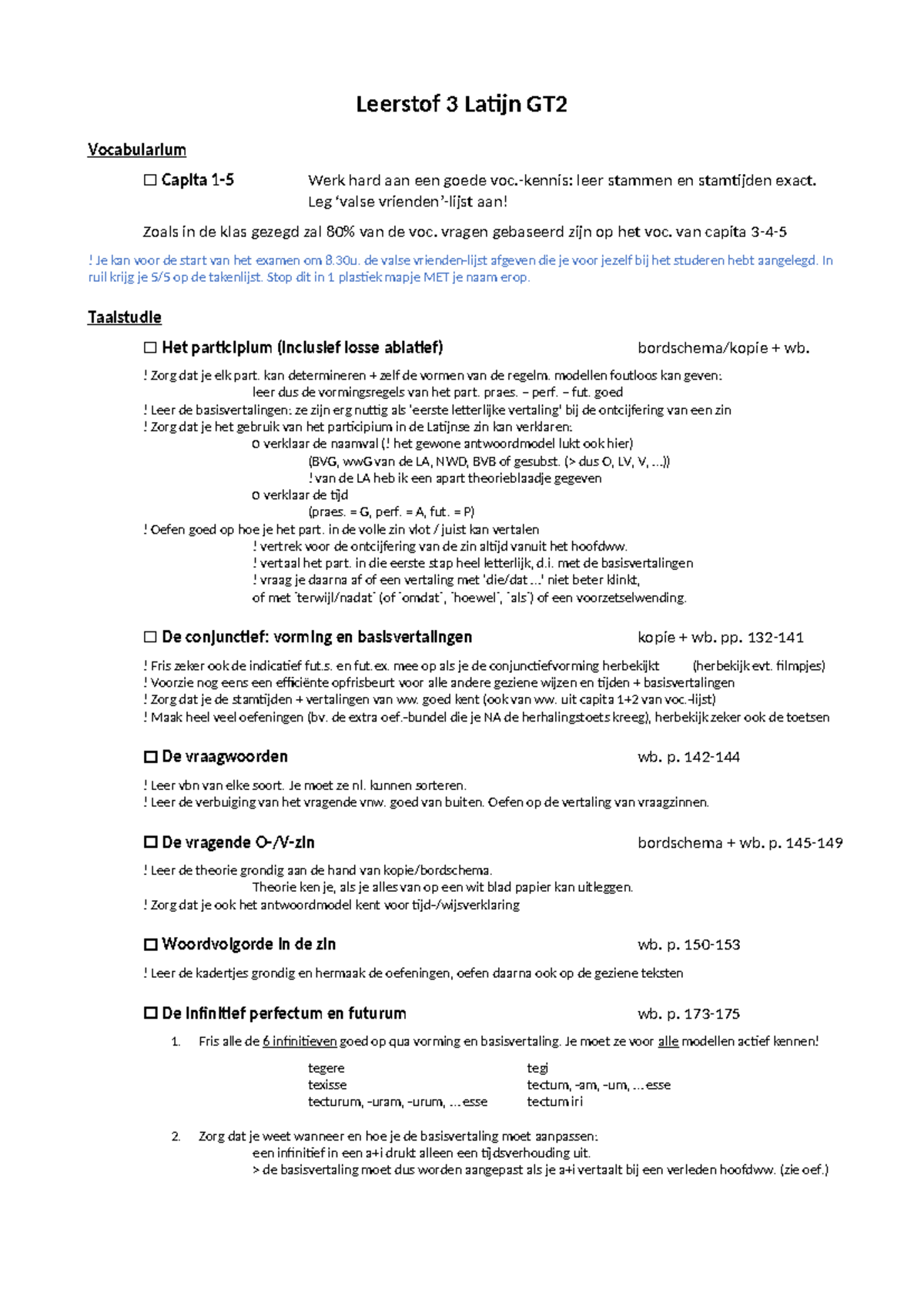 Leerstof GT2 2024 - jhyg - Leerstof 3 Latijn GT Vocabularium Capita 1-5 Werk hard aan een goede ...