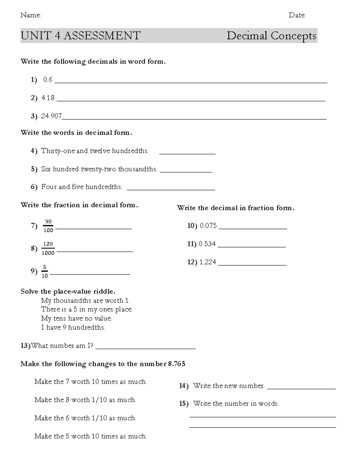 Unit 4 Part 1 Test - Unit 4 Part 1 Test - Name: Date: UNIT 4 ASSESSMENT ...