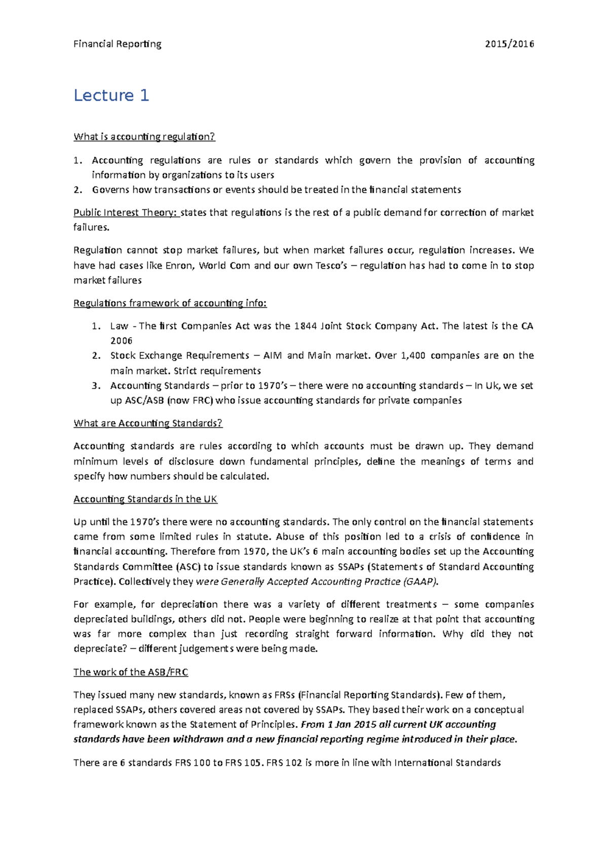 Financial Reporting Lecture 1 - Financial Reporting 2015/2016 Lecture 1 ...